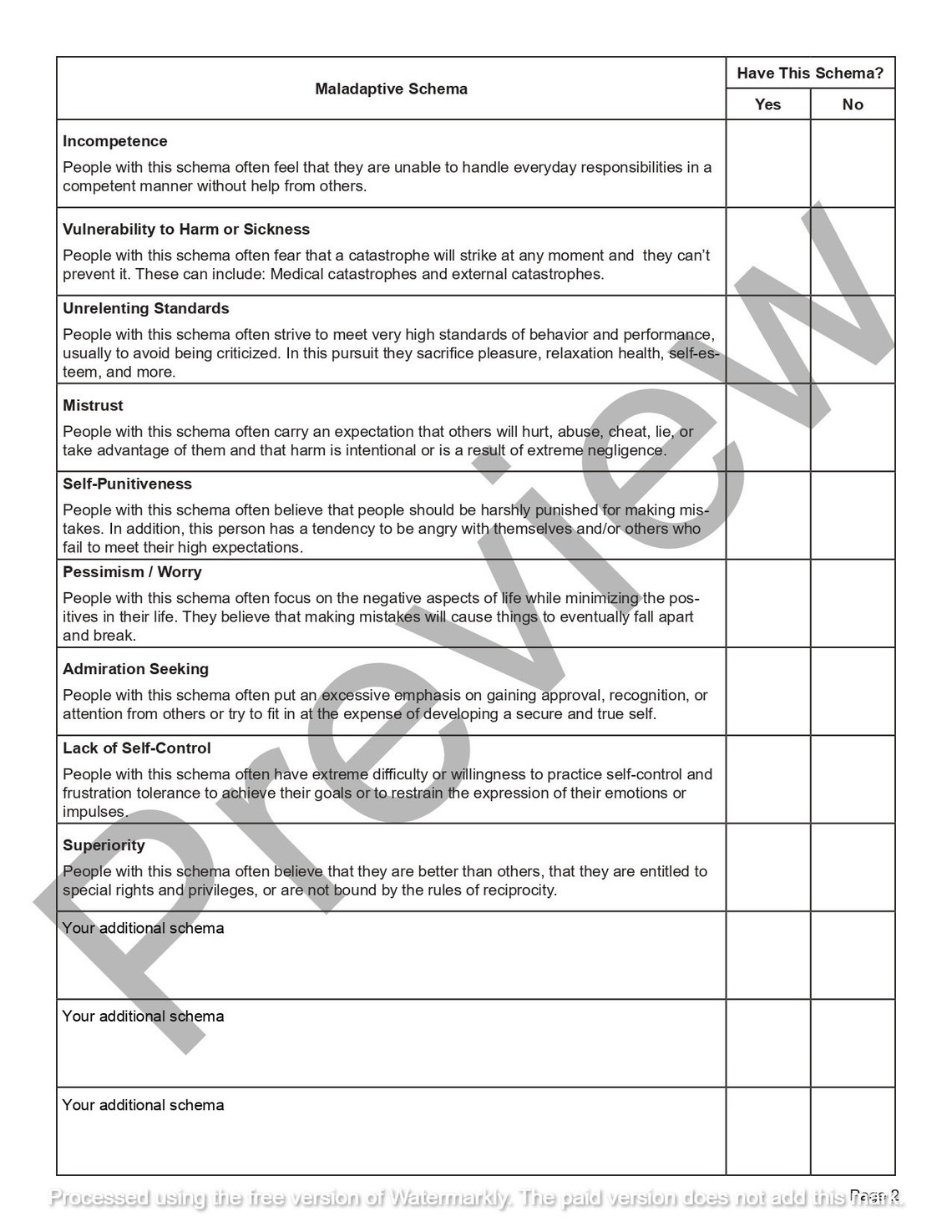 Schema Assessment Worksheet Editable / Fillable PDF Template for ...