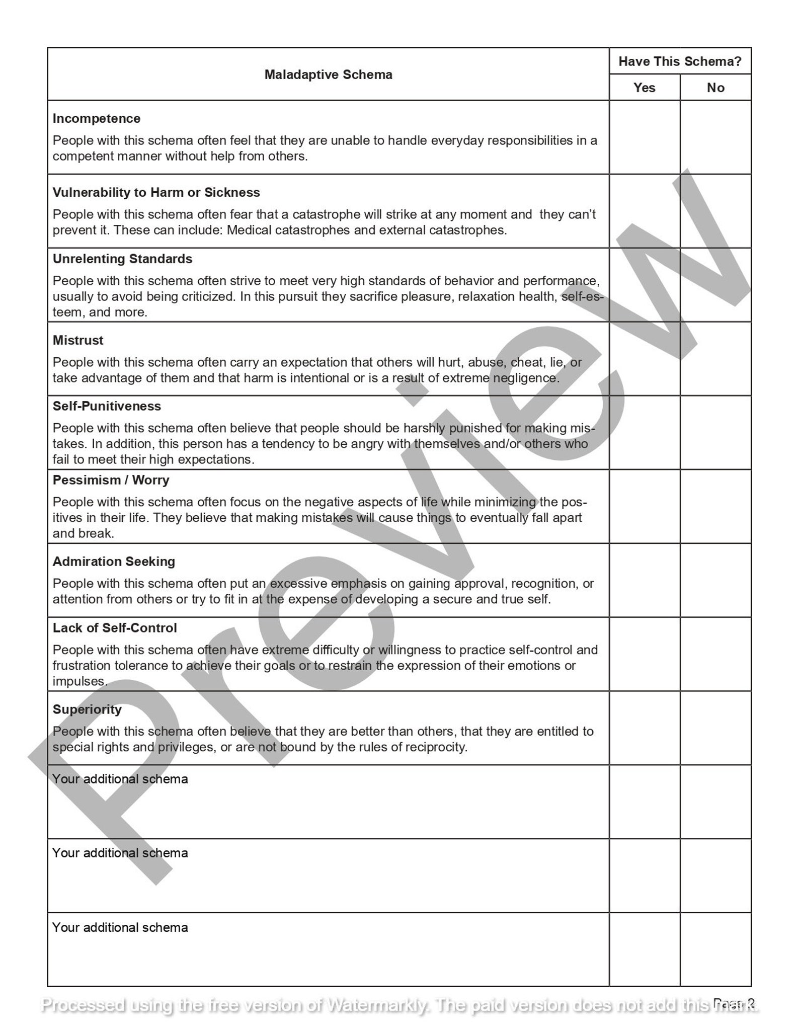 Schema Assessment Worksheet | Editable / Fillable PDF Template | for ...