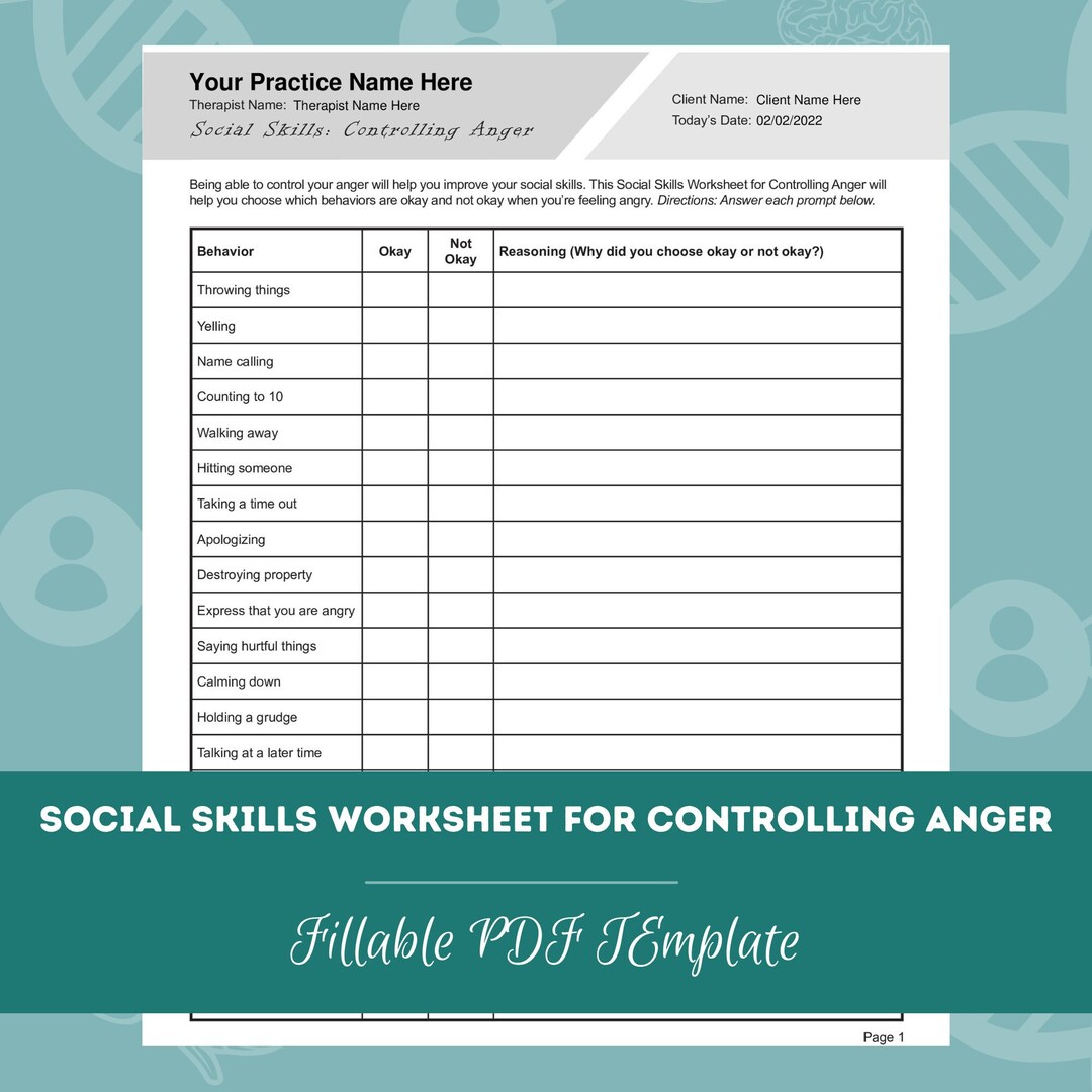 Social Skills Worksheets for Controlling Anger | Editable / Fillable ...