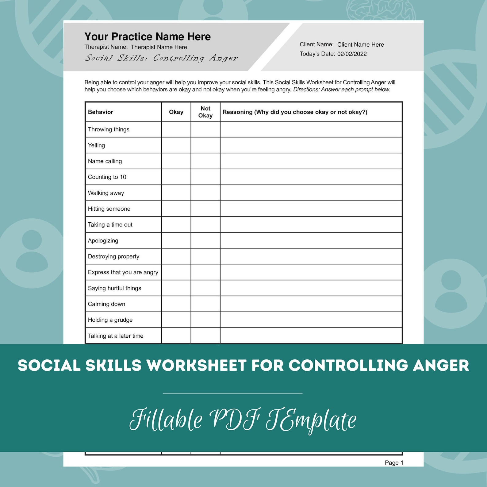 Social Skills Worksheets for Controlling Anger | Editable / Fillable ...