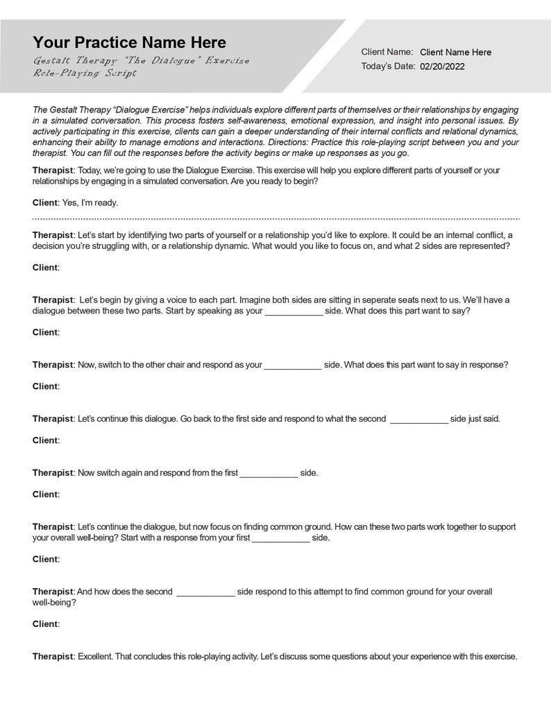 Gestalt Therapy “the Dialogue” Exercise Role-playing Script Worksheet ...