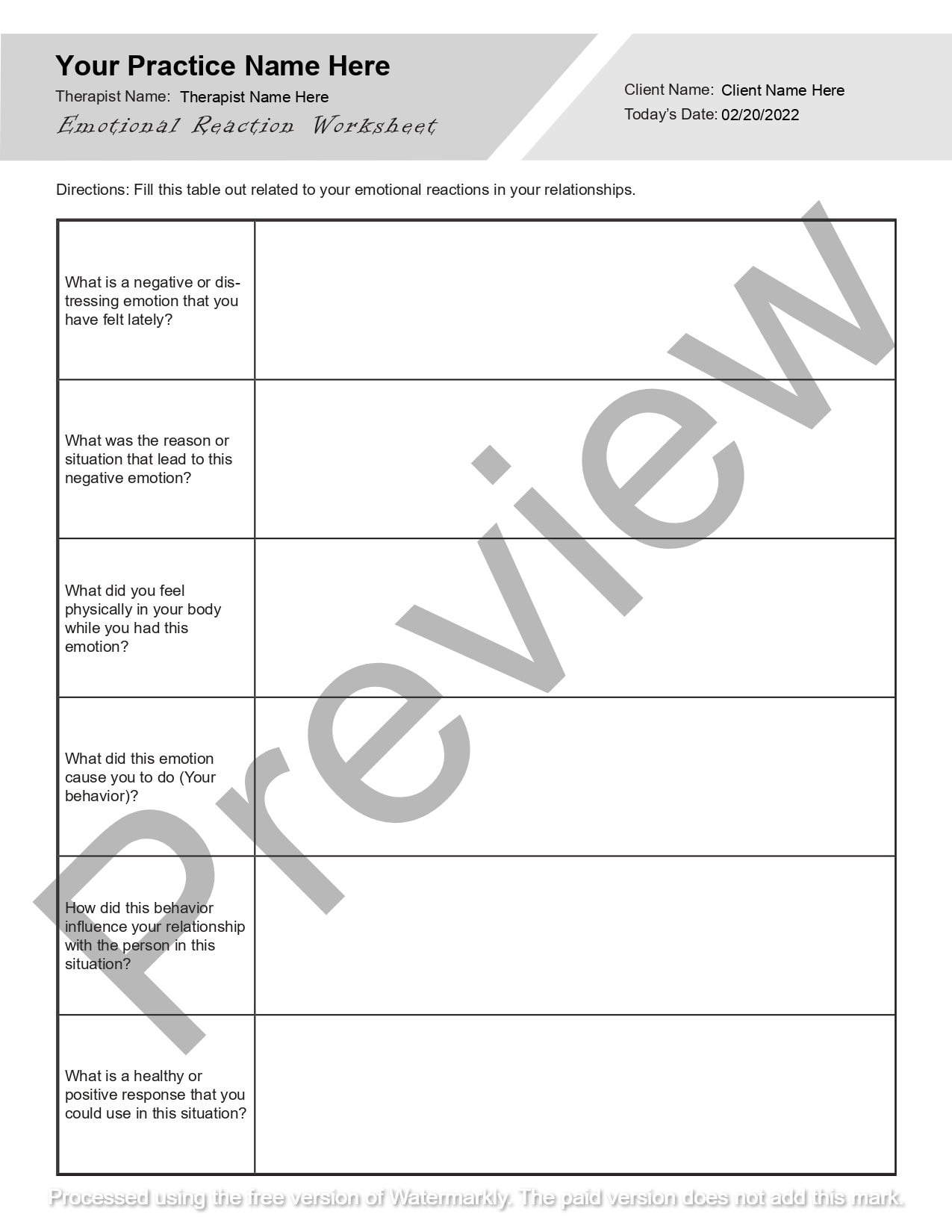 EFT Emotional Reaction Worksheet | Editable / Fillable PDF Template ...