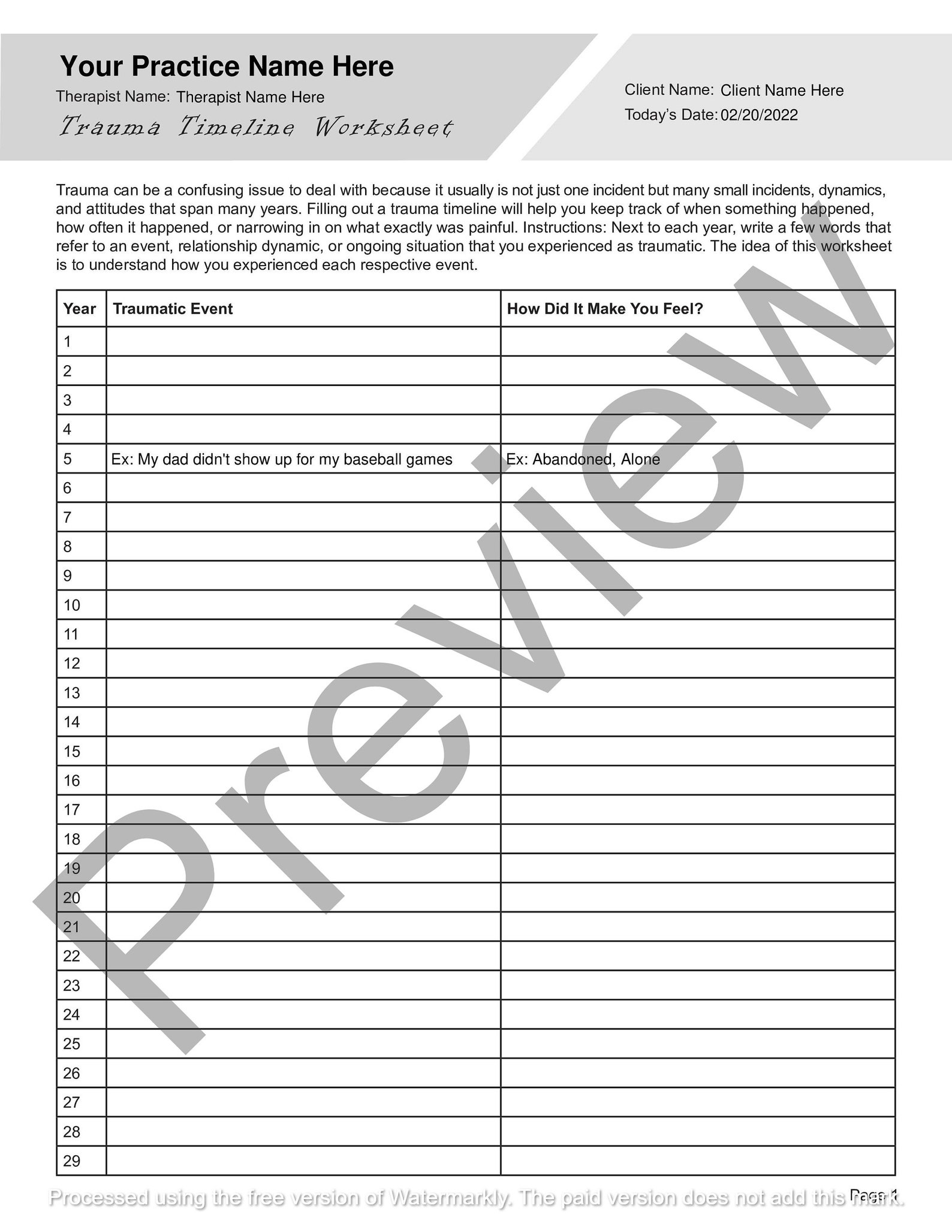 Trauma Timeline Therapy Worksheet | Editable / Fillable PDF Template ...