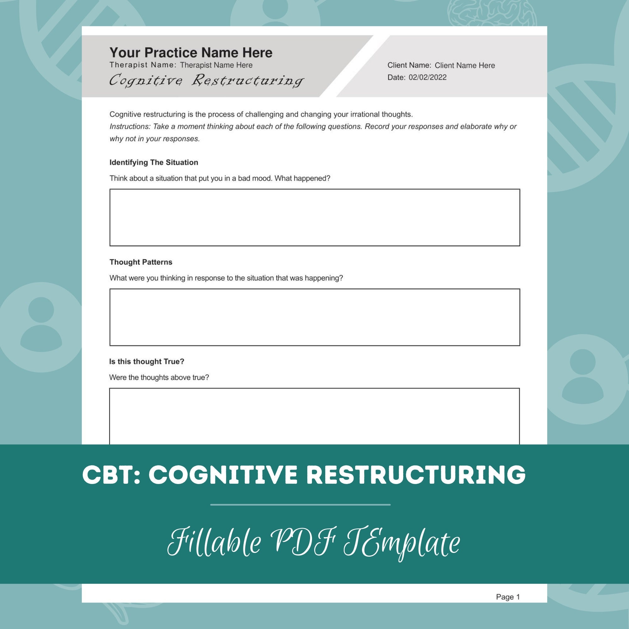 CBT: Cognitive Restructuring Worksheet Editable / Fillable PDF for ...
