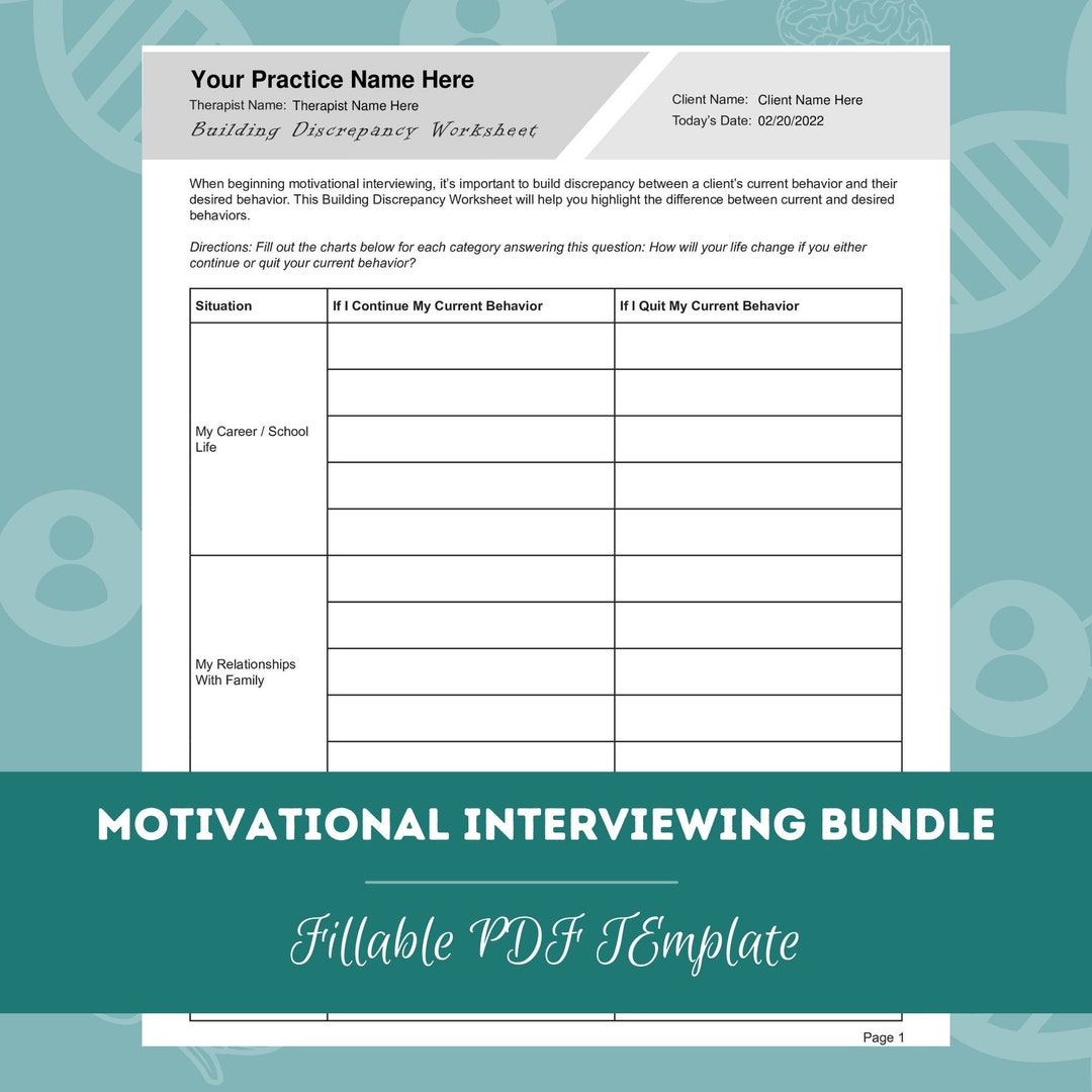 Motivational Interviewing Worksheets Bundle 19 Editable / Fillable ...