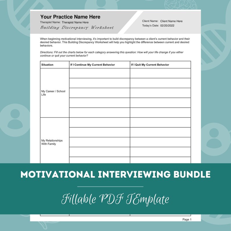 Motivational Interviewing Worksheets Bundle 19 Editable / Fillable ...