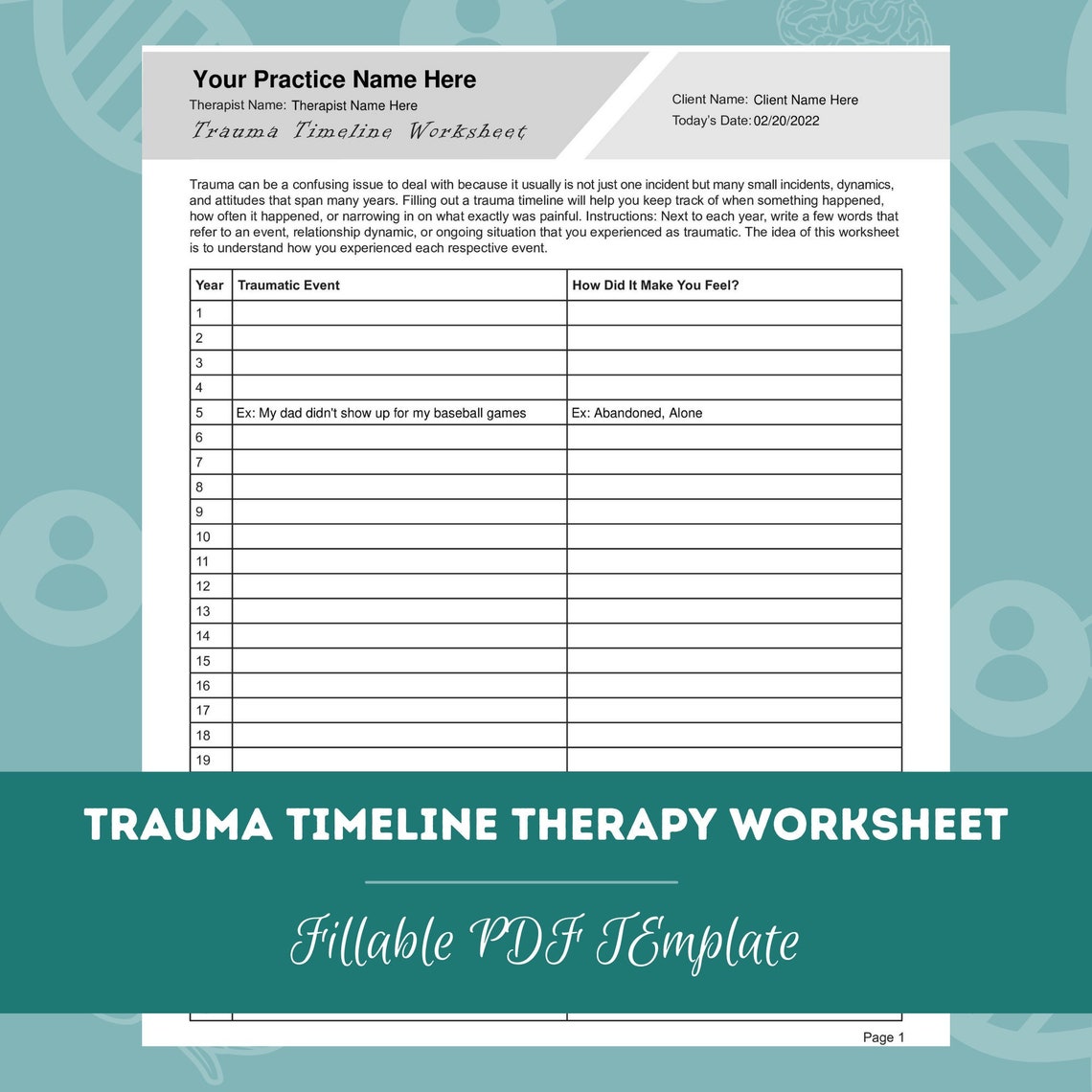 Trauma Timeline Therapy Worksheet | Editable / Fillable PDF Template ...