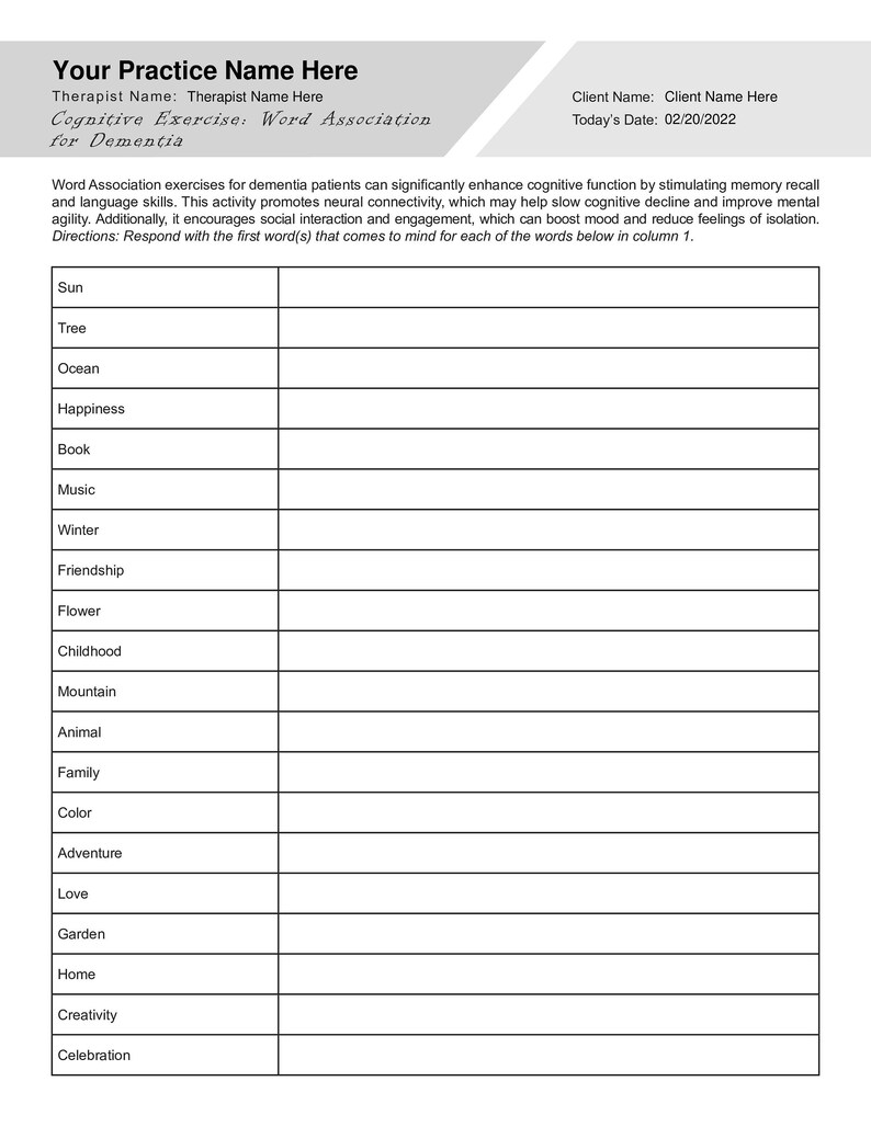 Word Association Exercise for Dementia Worksheet | Fillable PDF | for ...