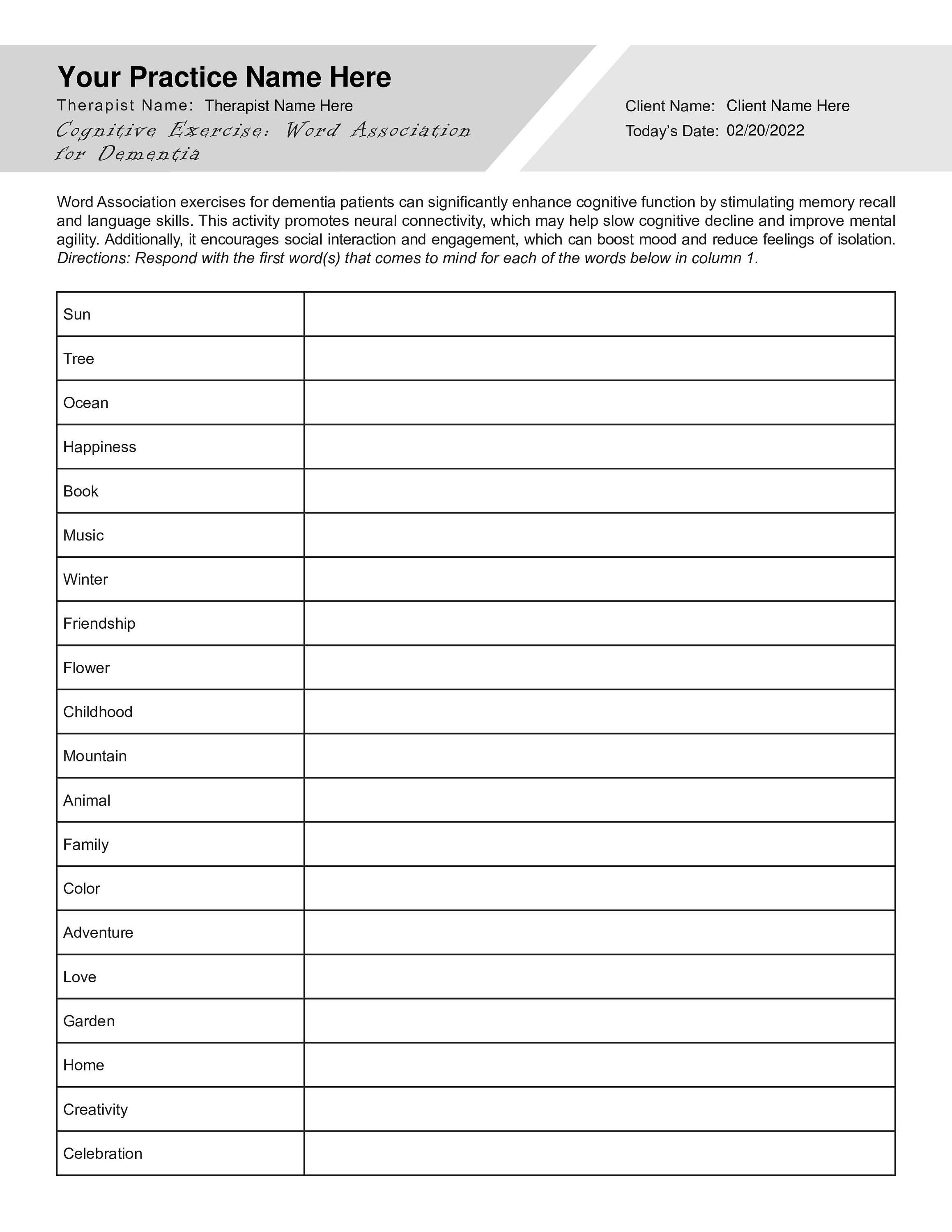 Word Association Exercise for Dementia Worksheet | Fillable PDF | for ...