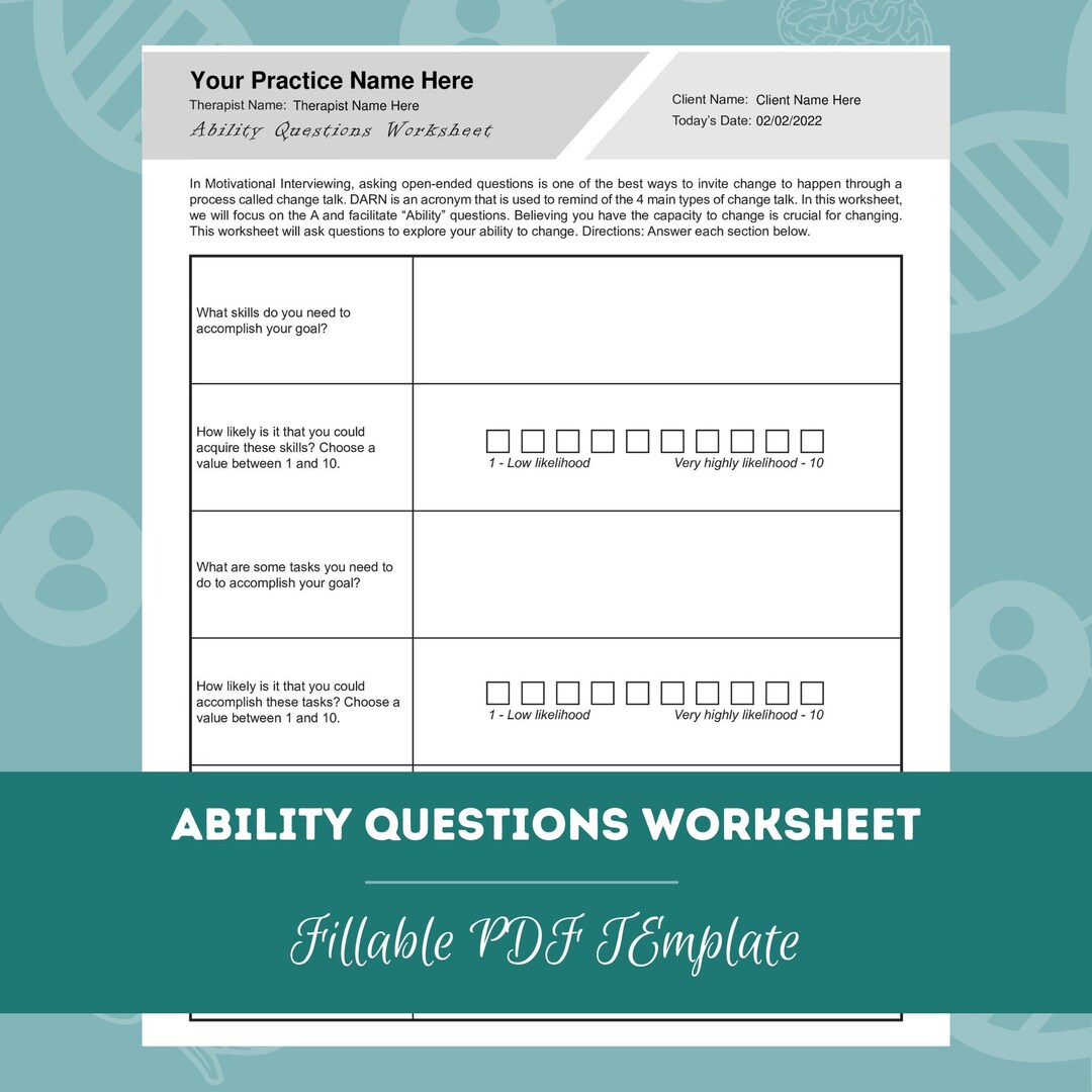 Motivational Interviewing Ability Questions Worksheet | Editable ...