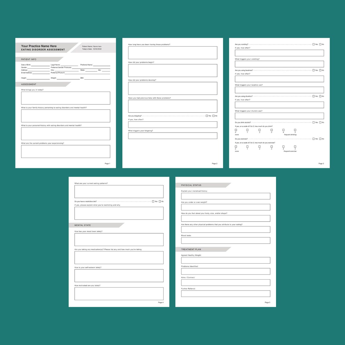 Eating Disorder Assessment Template Editable / Fillable PDF for ...