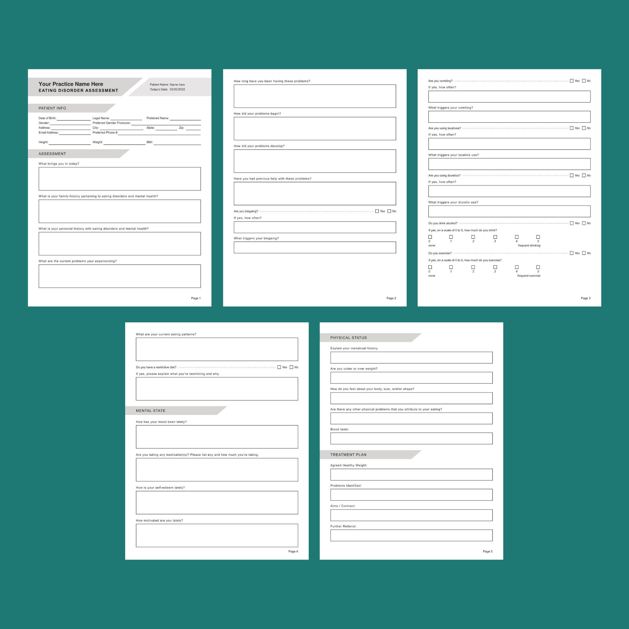 Eating Disorder Assessment Template Editable / Fillable PDF for ...