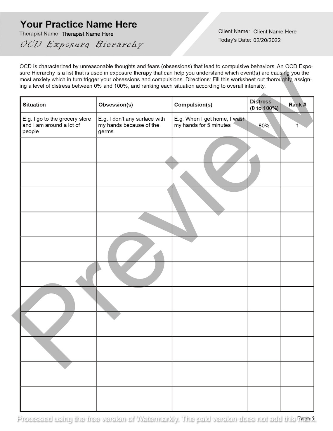 OCD Exposure Hierarchy Worksheet | Editable / Fillable PDF Template ...