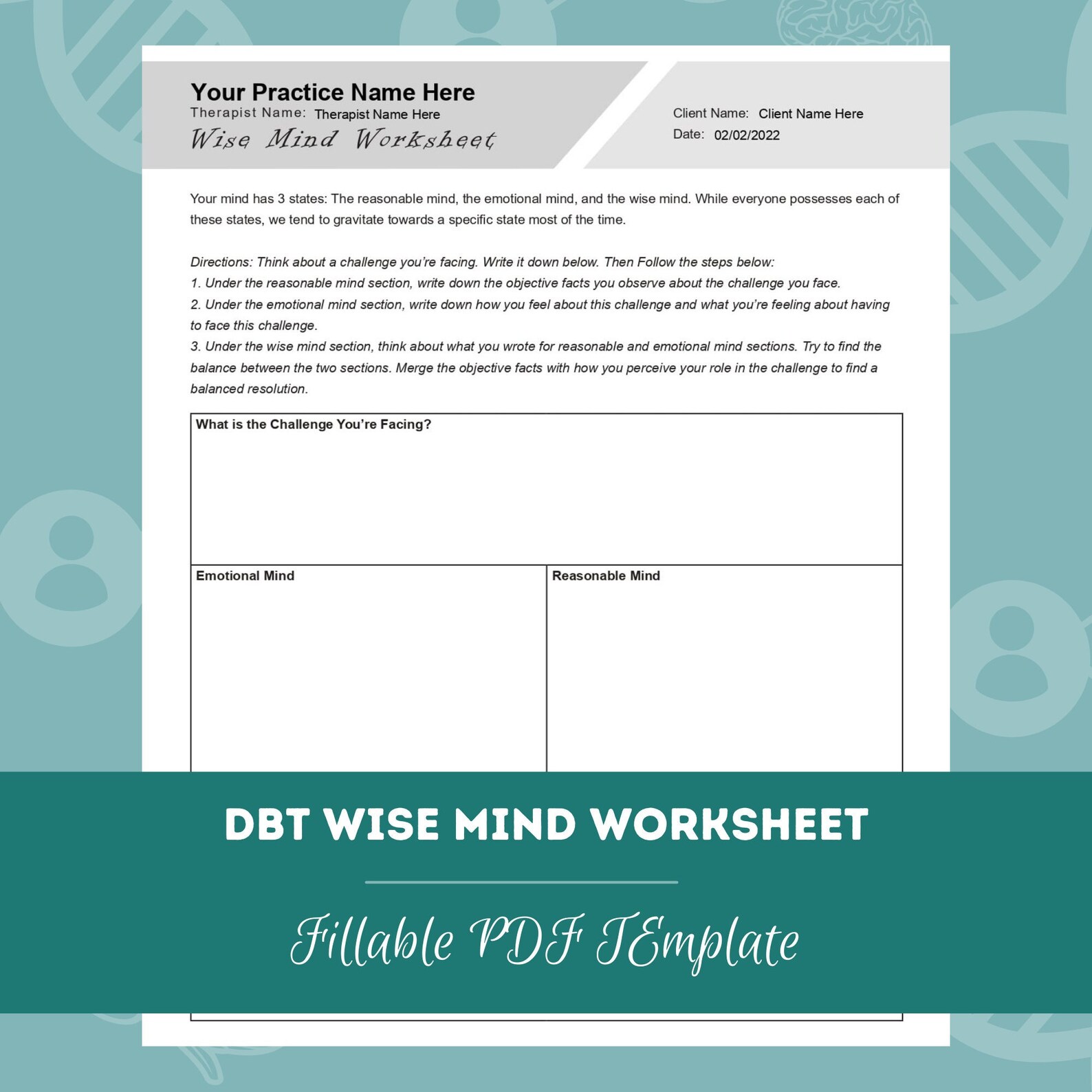 DBT Wise Mind Worksheet Editable / Fillable PDF Template for Counselors, Psychologists, Social ...
