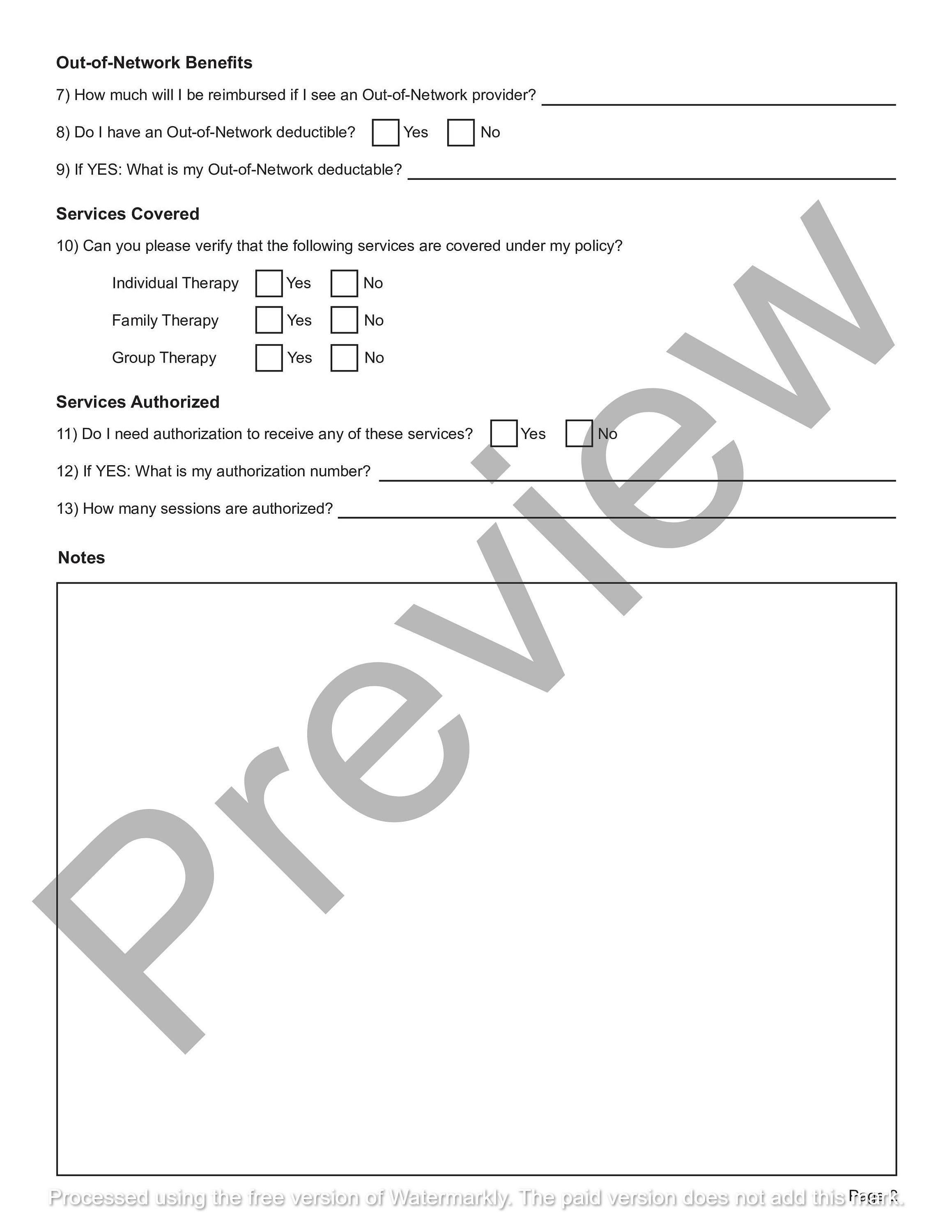 Insurance Verification Form for Mental Health | Editable / Fillable ...