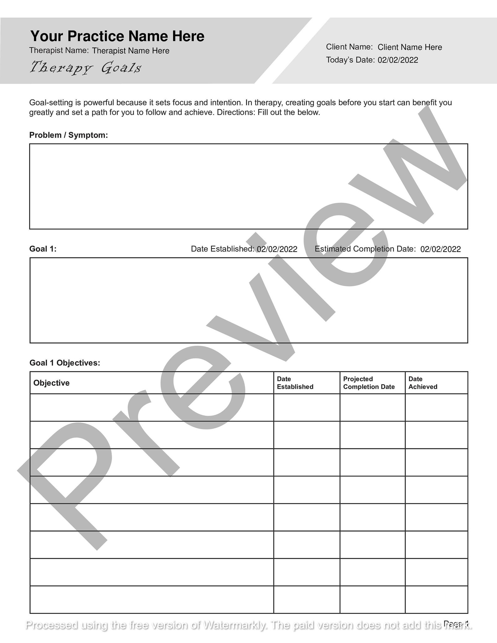 Therapy Goals PDF Template for Mental Health / Counseling | Editable ...