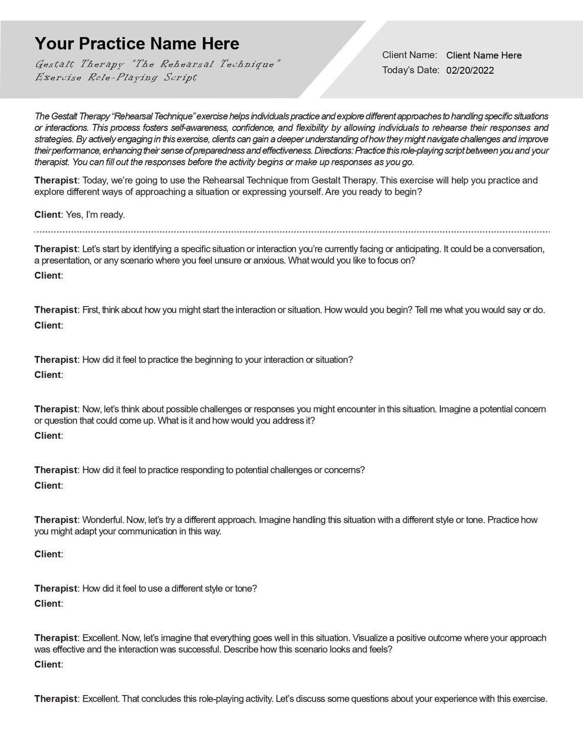 Gestalt Therapy “the Rehearsal Technique” Exercise Role-playing Script ...