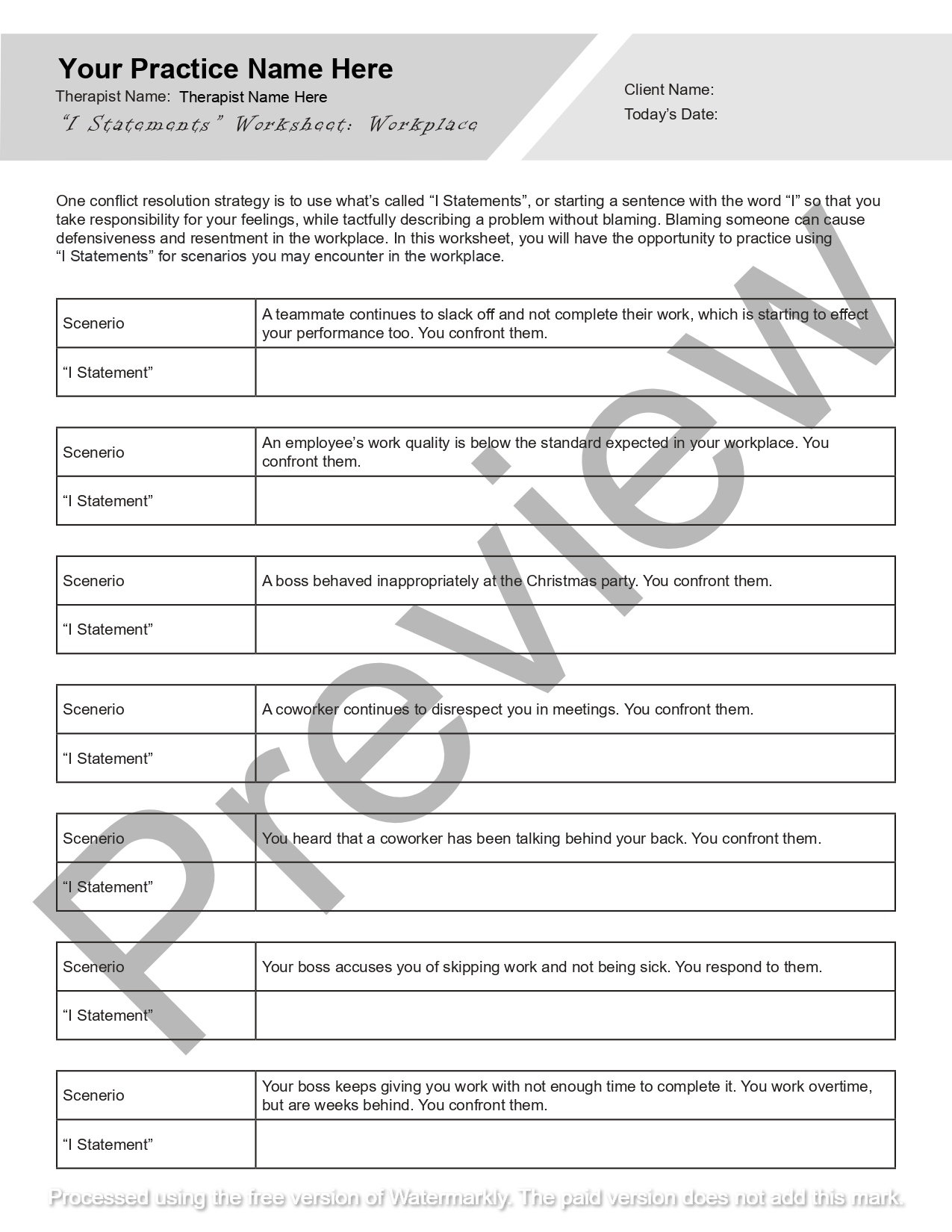 I Statements Worksheet for Workplace | Editable / Fillable PDF Template ...