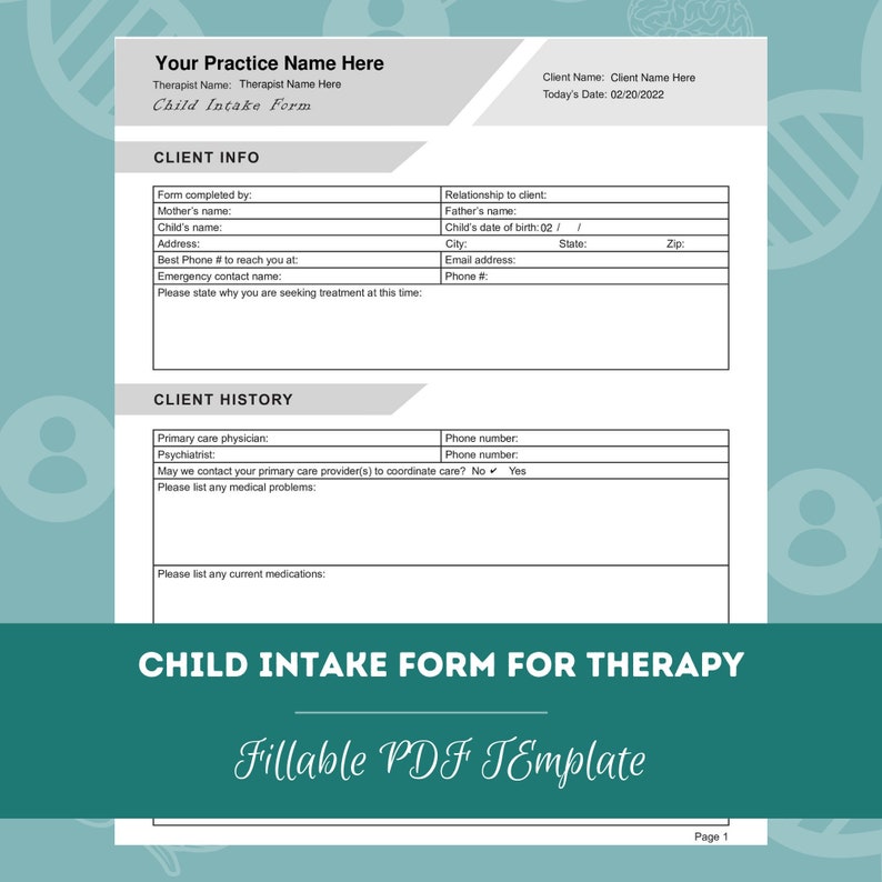 Child Intake Form for Therapy, Fillable/printable PDF, Therapist Office ...
