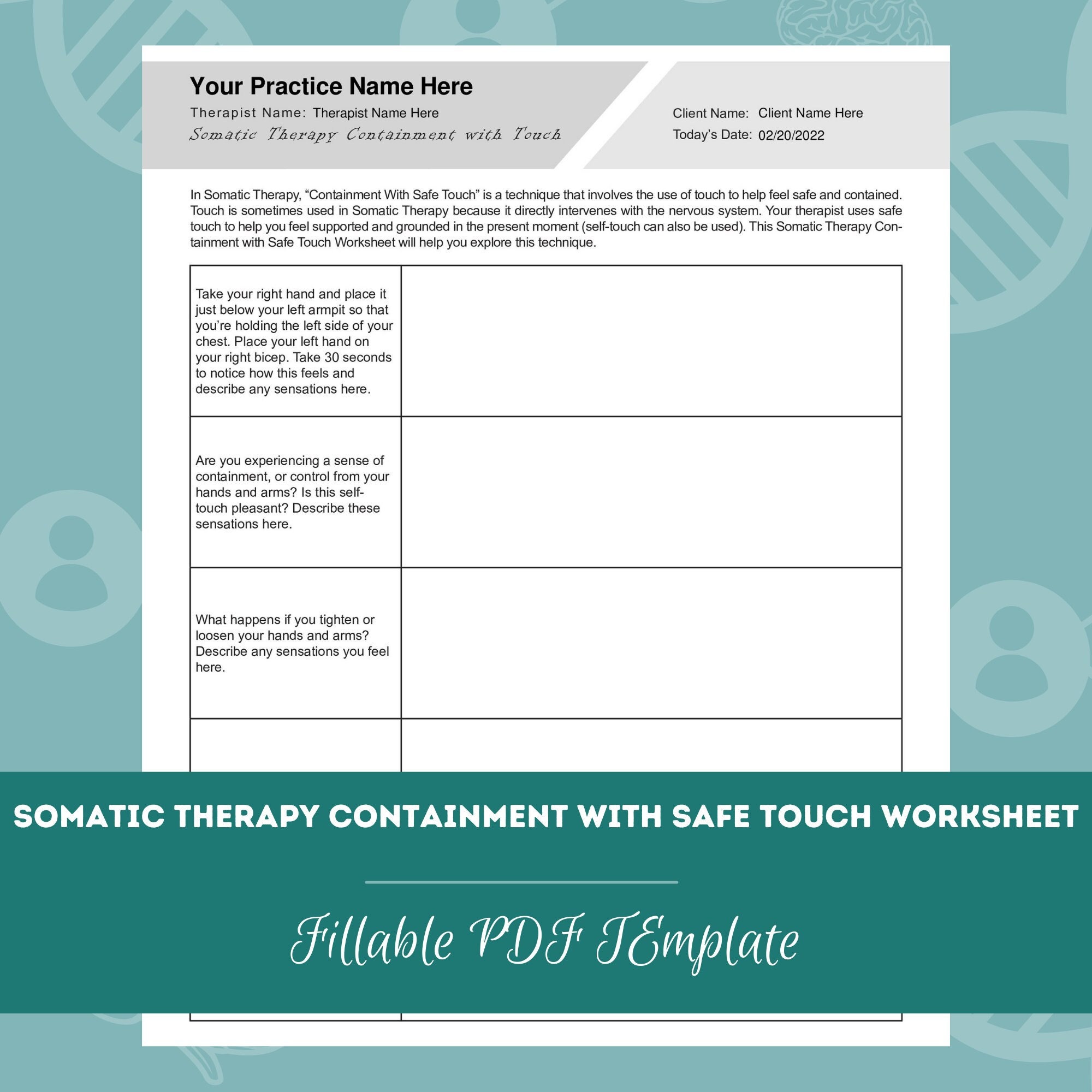 Somatic Therapy Containment With Safe Touch Worksheet | Editable ...