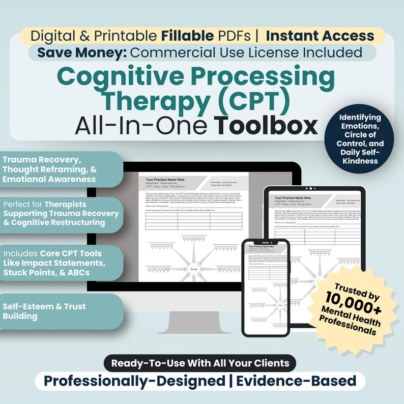 Cognitive Processing Therapy Worksheets Bundle, 17fillable/printable ...