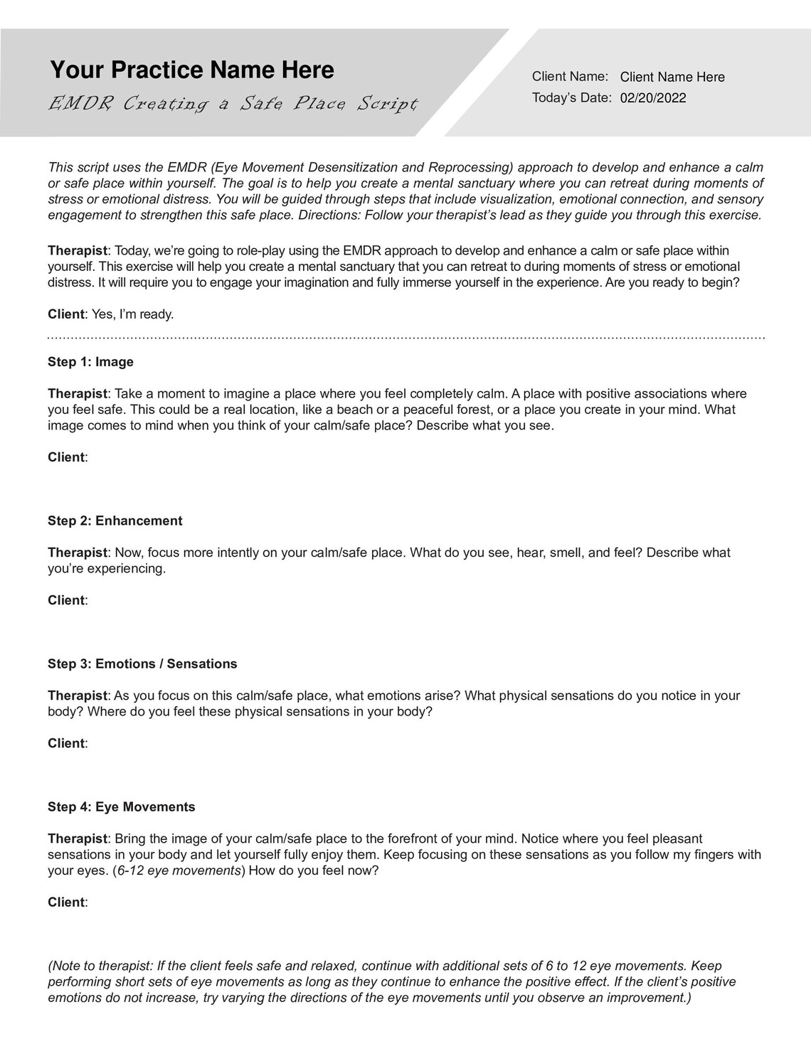 EMDR Creating a Safe Place Script Worksheet | Fillable PDF | Counselors ...