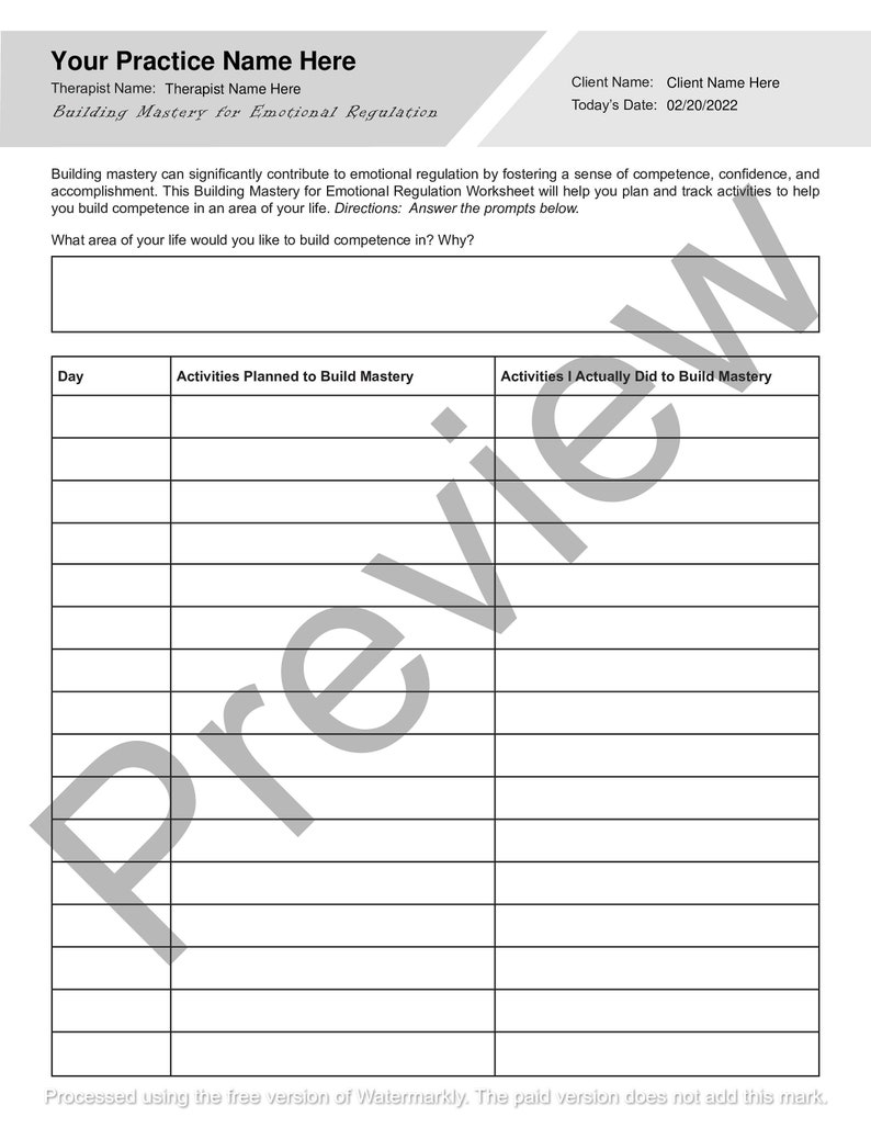 Building Mastery for Emotional Regulation Worksheet | Fillable ...