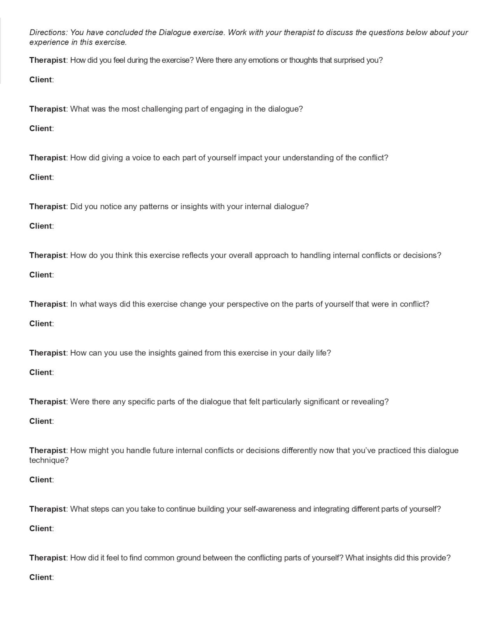 Gestalt Therapy “the Dialogue” Exercise Role-playing Script Worksheet ...