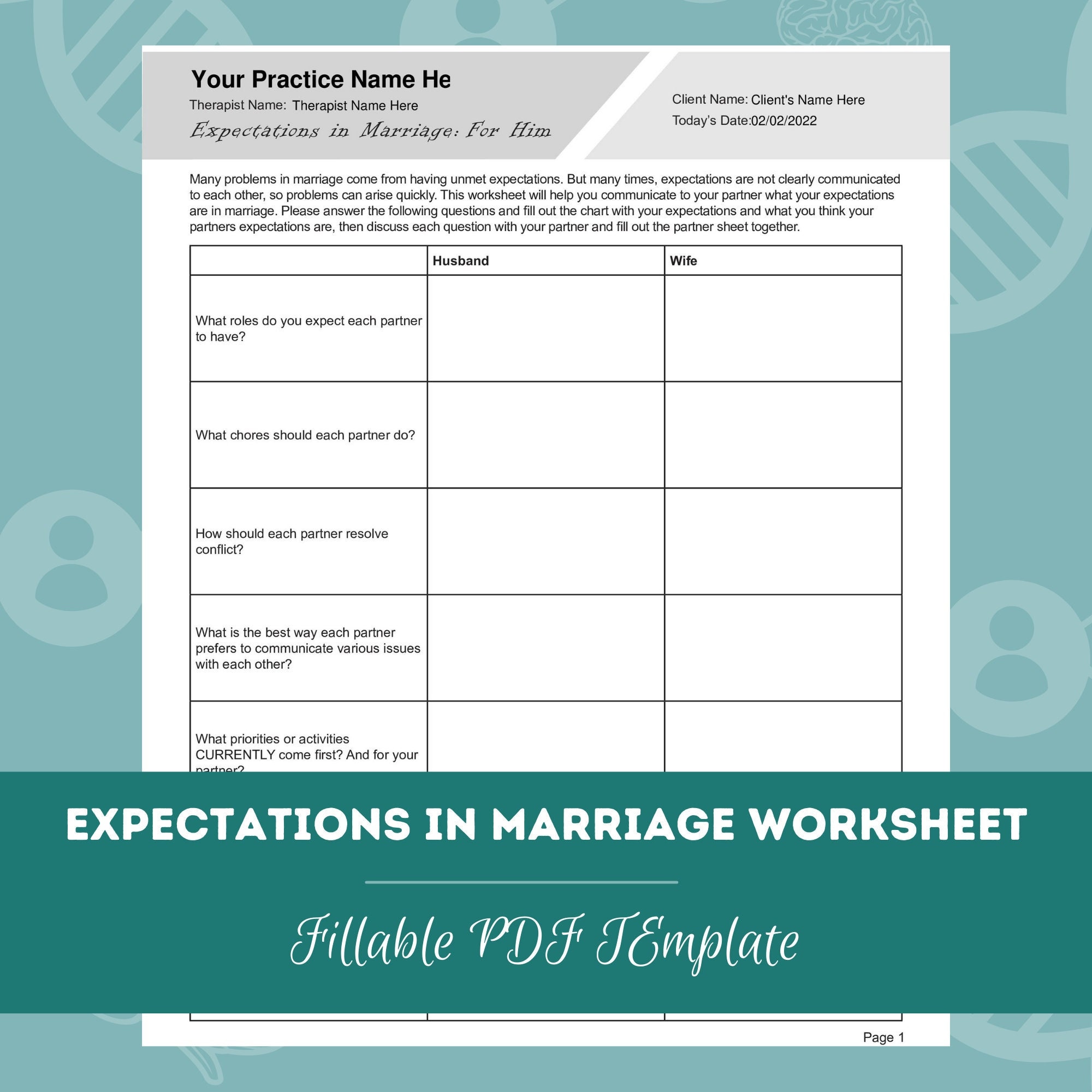 Expectations in Marriage Worksheet | Editable / Fillable PDF Template ...