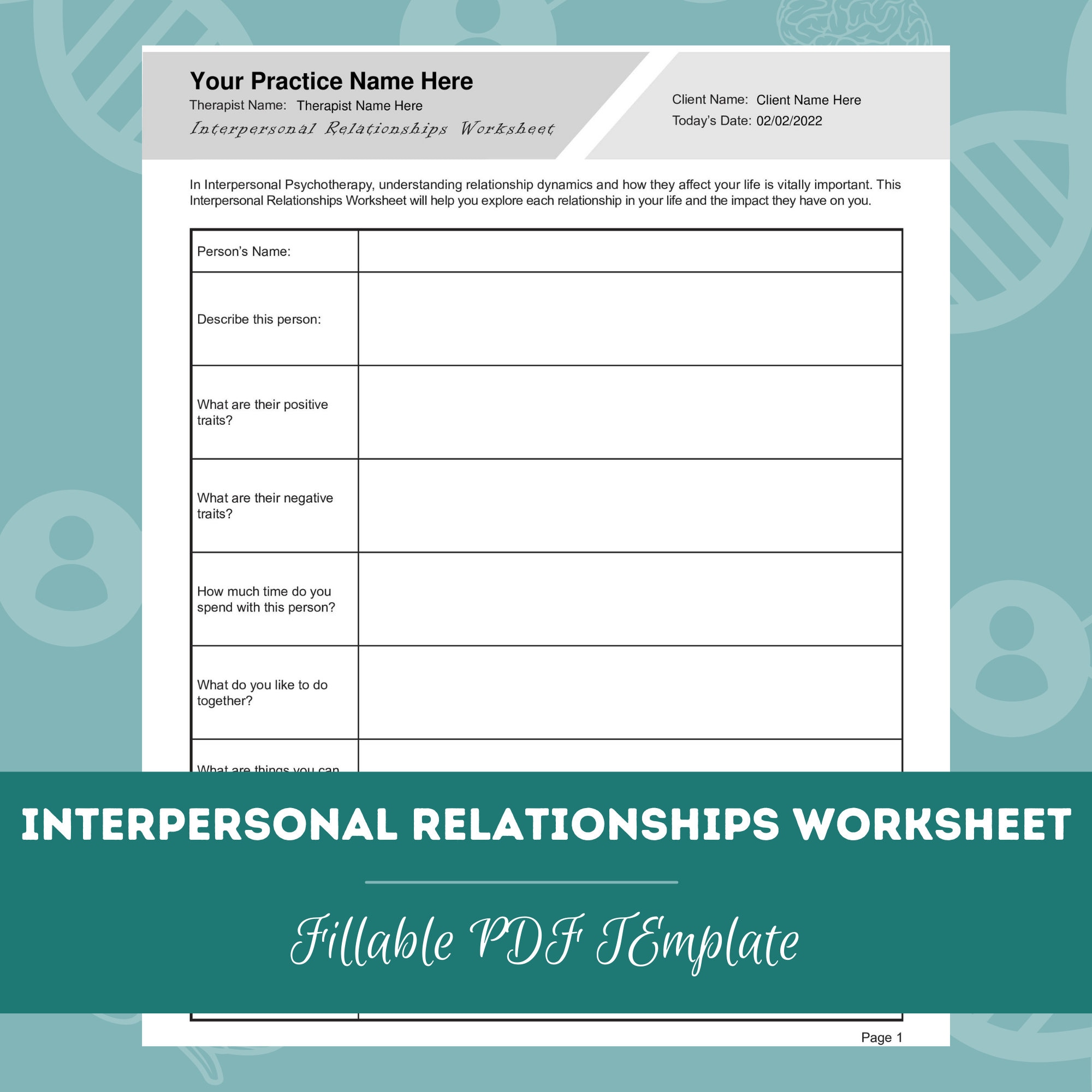 Interpersonal Therapy Worksheets Bundle | 22 Fillable / Printable PDF ...