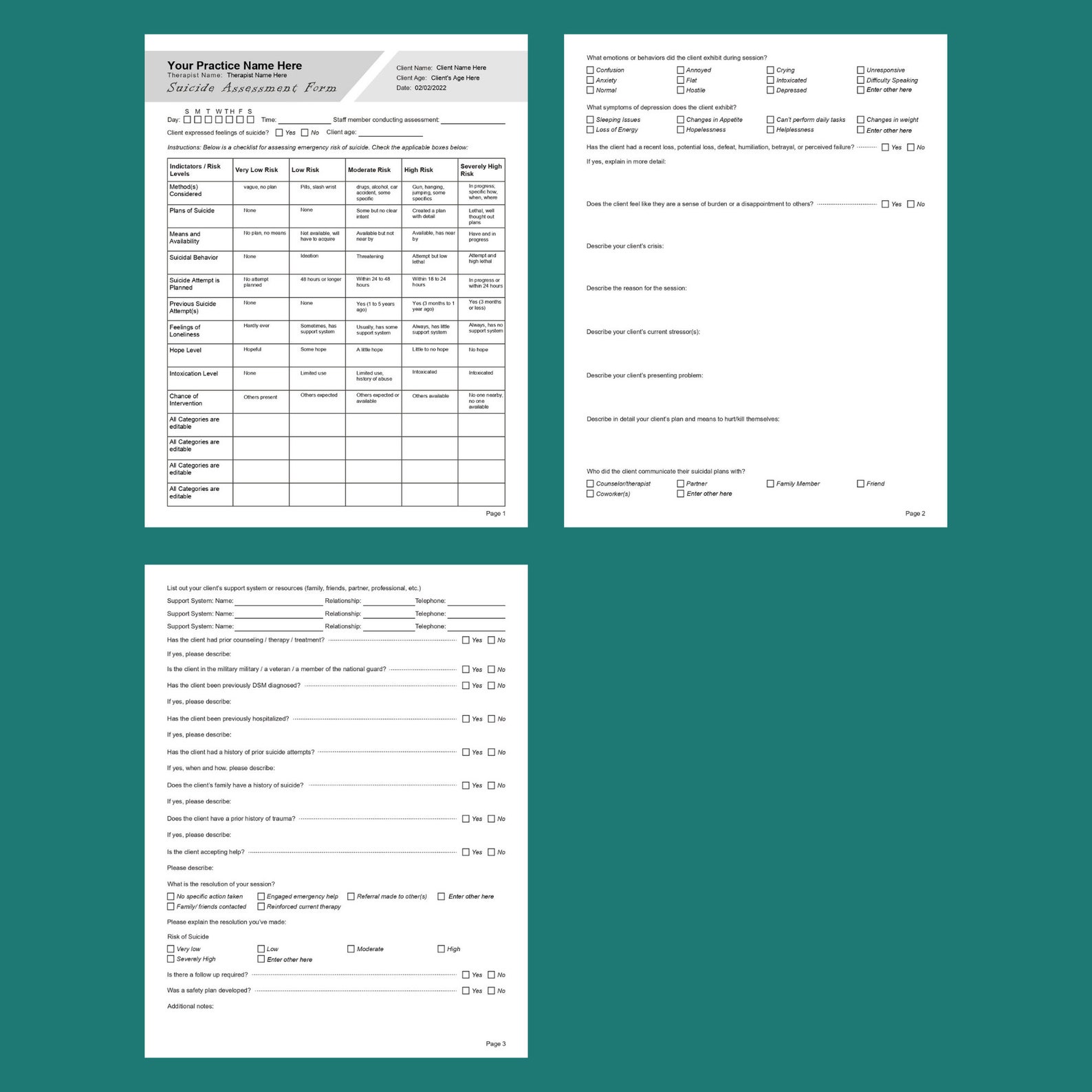 Suicide Prevention Worksheets Bundle Editable / Fillable / Printable ...