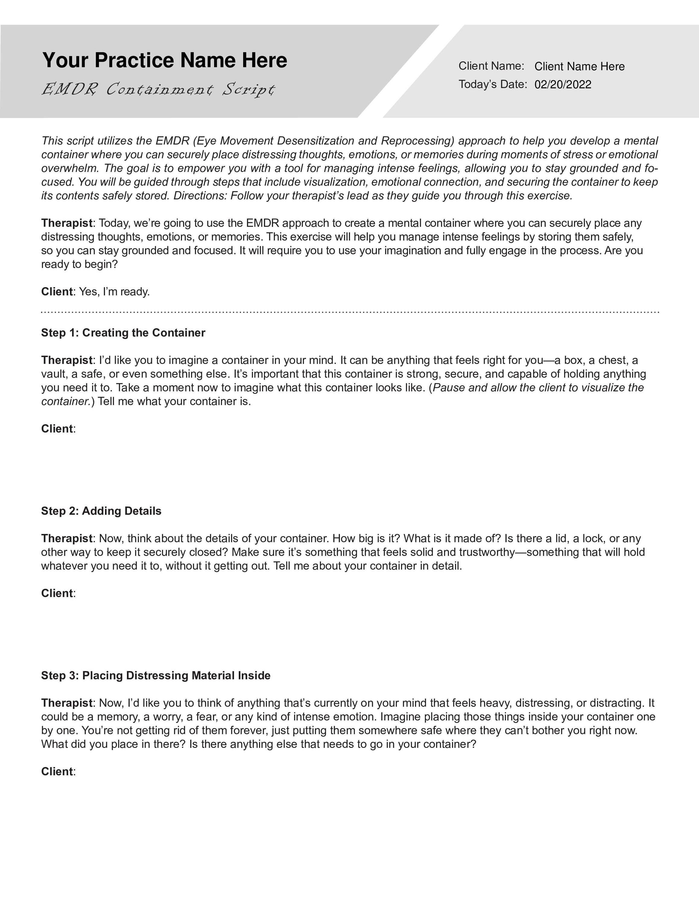 EMDR Containment Script Worksheet | Fillable PDF | Counselors ...