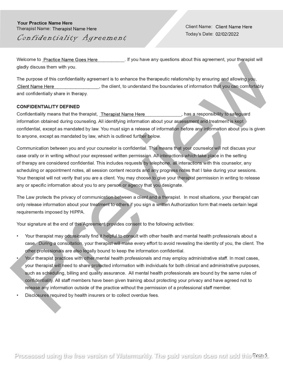 Confidentiality Agreement for Counseling Editable / Fillable PDF ...