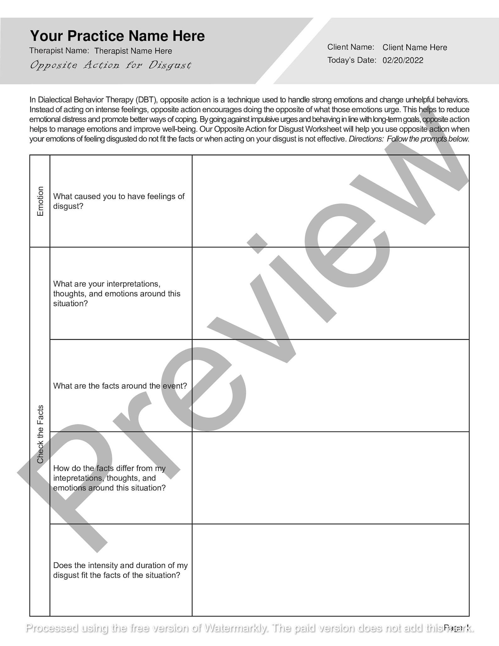 Opposite Action for Disgust Worksheet | Editable / Fillable / Printable ...