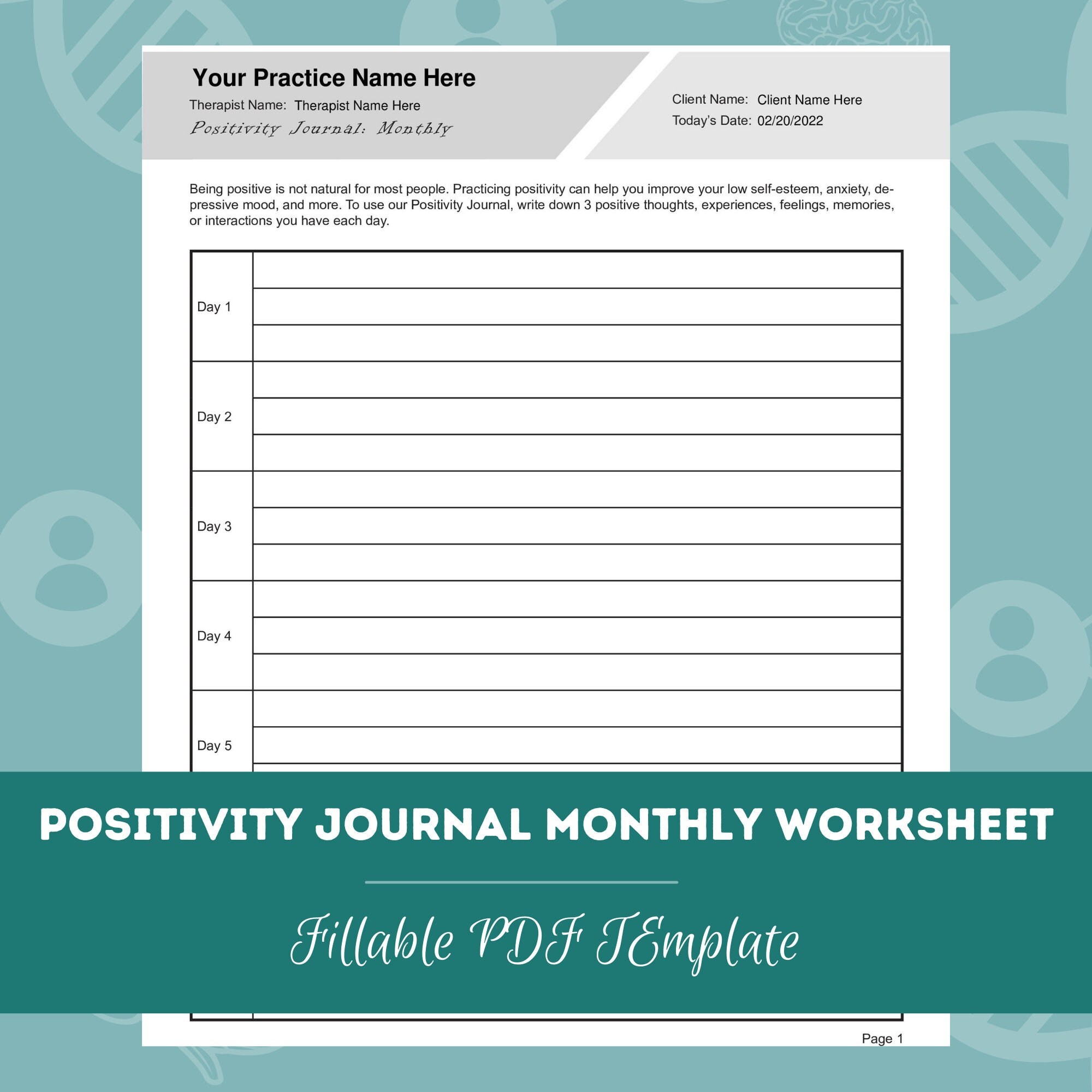 Positivity Journal - Monthly Worksheet | Editable / Fillable PDF ...