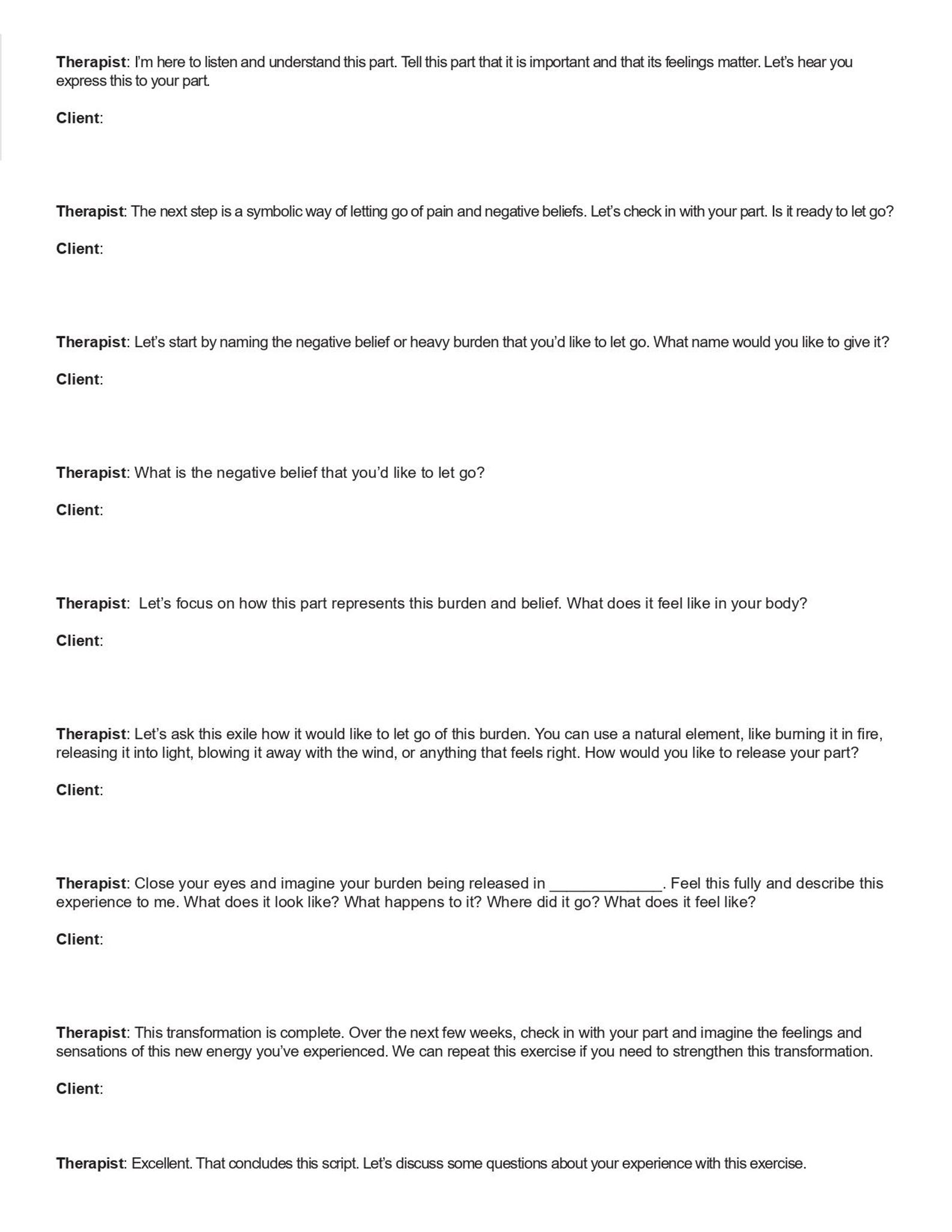 Internal Family Systems Unburdening an Exile Script Worksheet ...