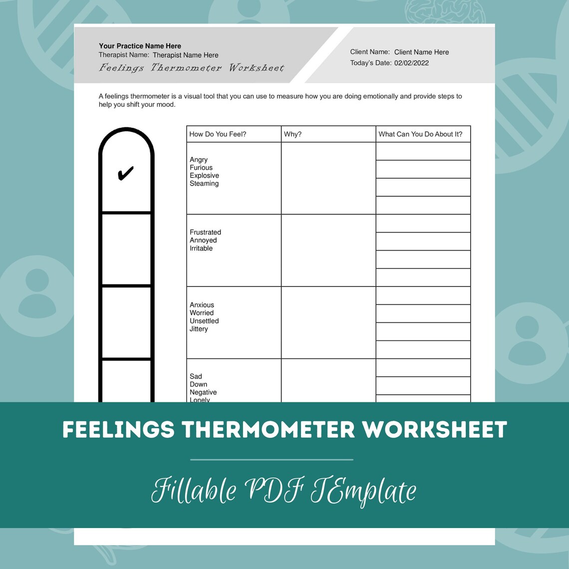 Feelings Thermometer Worksheet Editable / Fillable PDF Template for ...