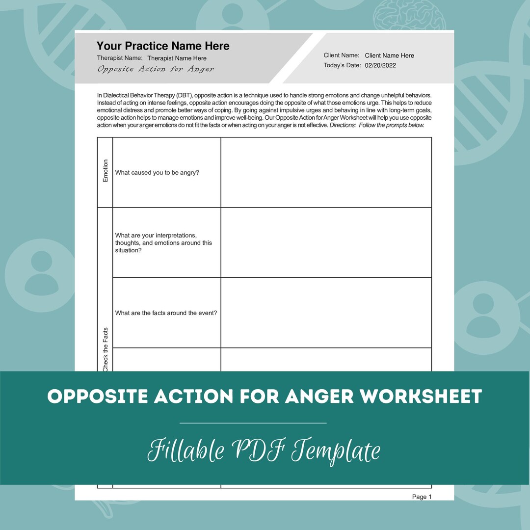 Opposite Action for Anger Worksheet | Editable / Fillable / Printable ...