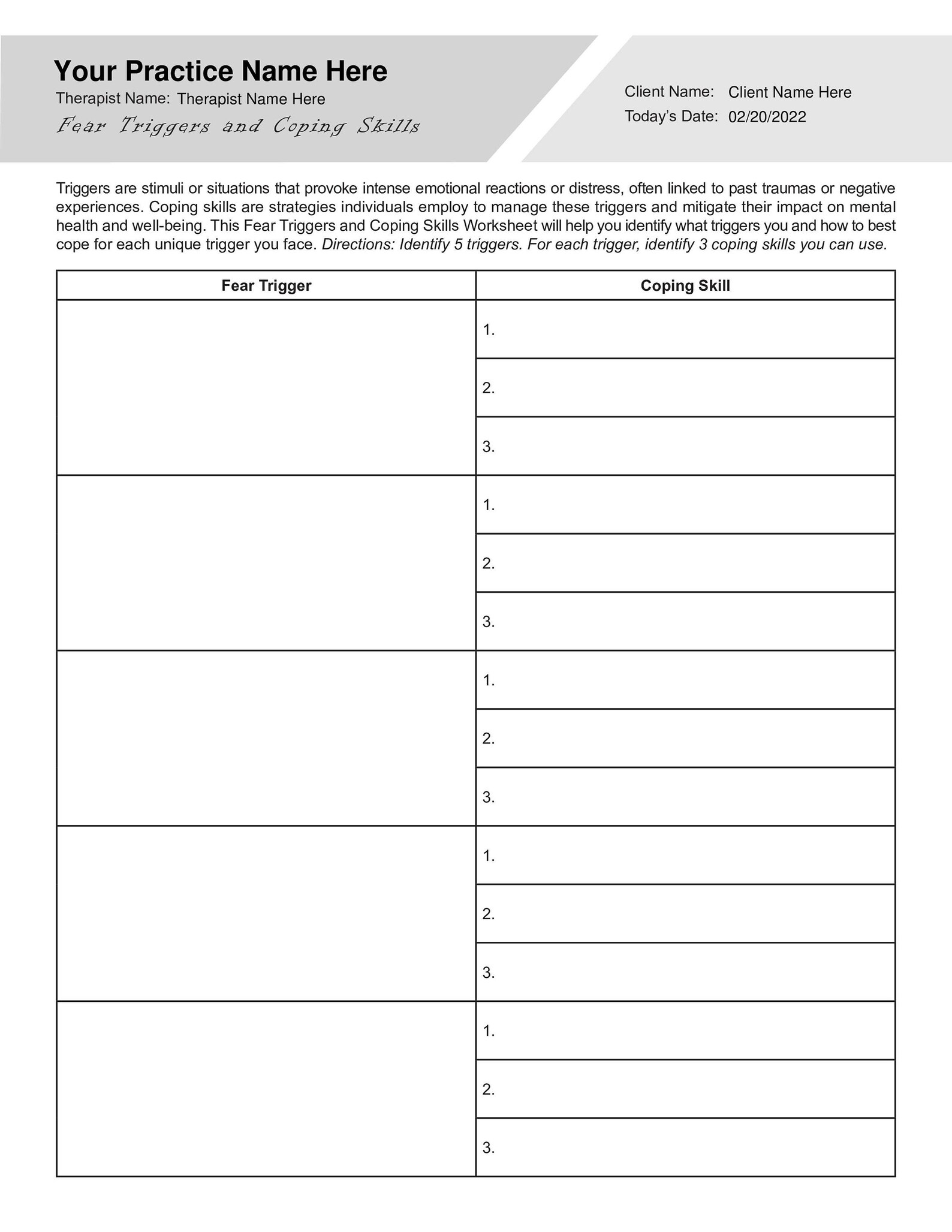 Fear Triggers and Coping Skills Worksheet | Editable / Fillable PDF ...