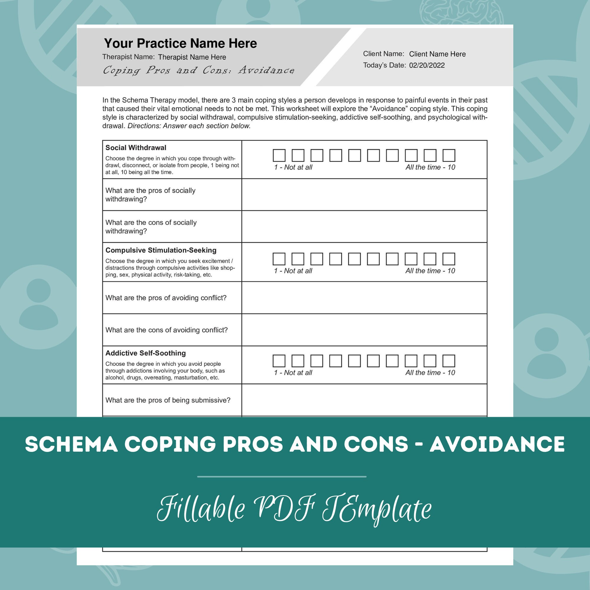 Schema Coping Pros and Cons - Avoidance | Editable / Fillable PDF ...