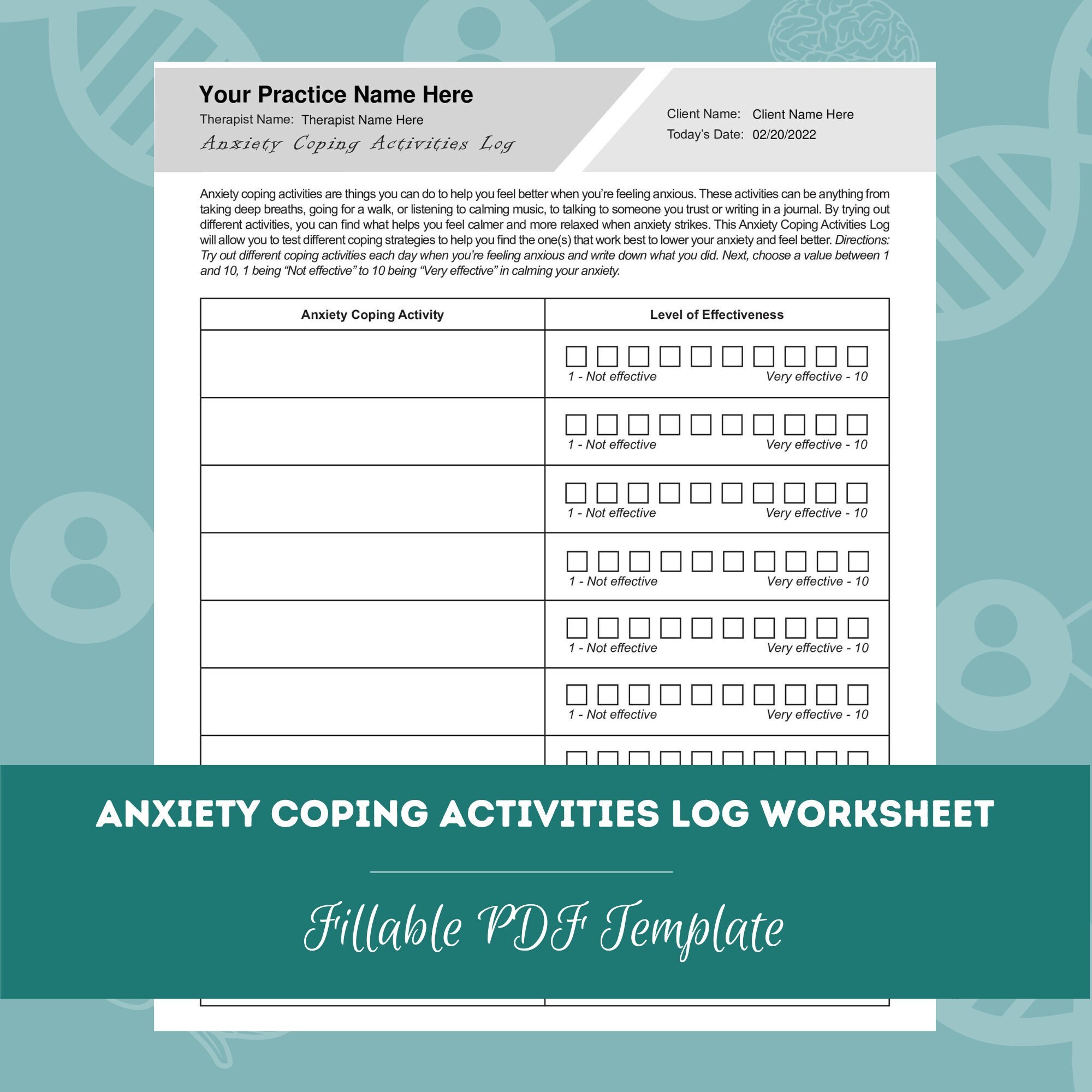 Anxiety Coping Activities Log Worksheet | Editable / Fillable PDF | for ...