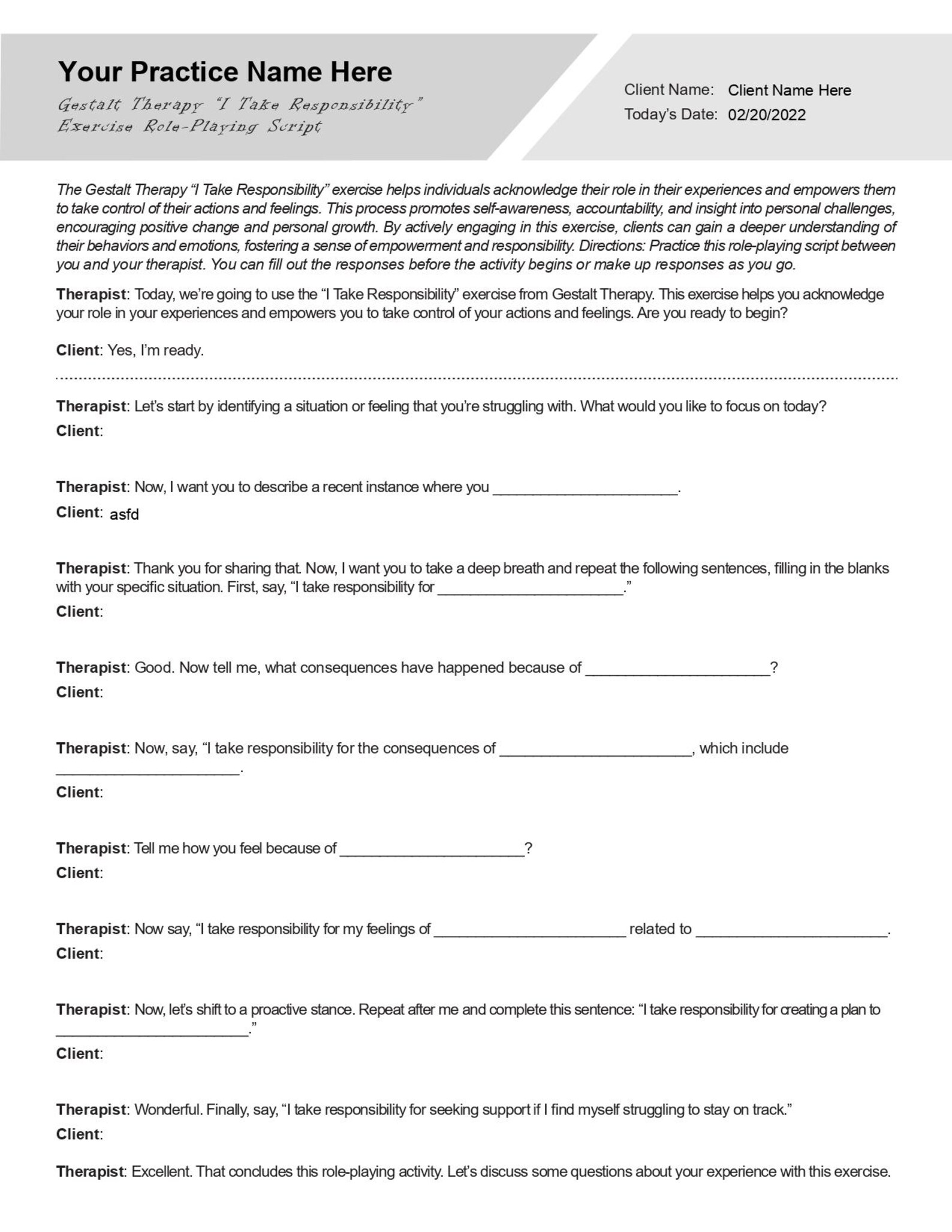 Gestalt Therapy “I Take Responsibility” Exercise Role-playing Script ...