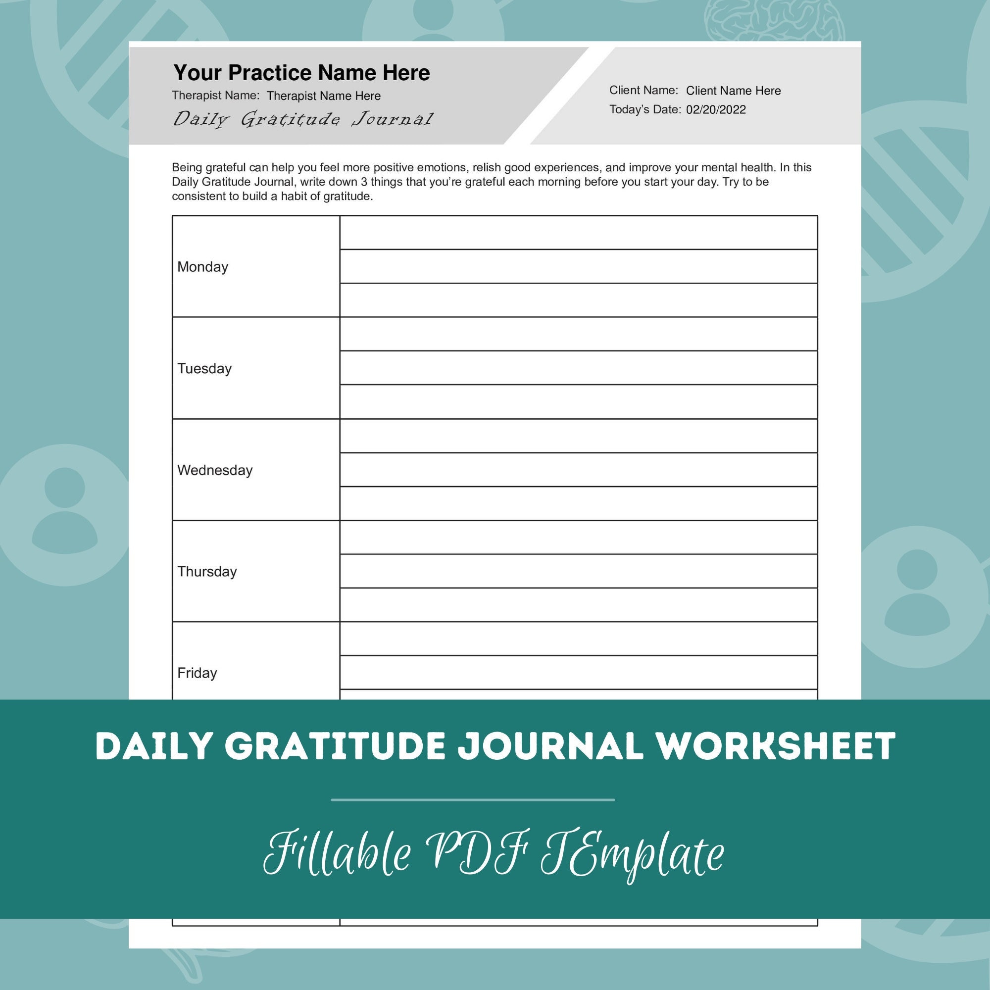 Daily Gratitude Journal Worksheet Editable / Fillable PDF Template for ...