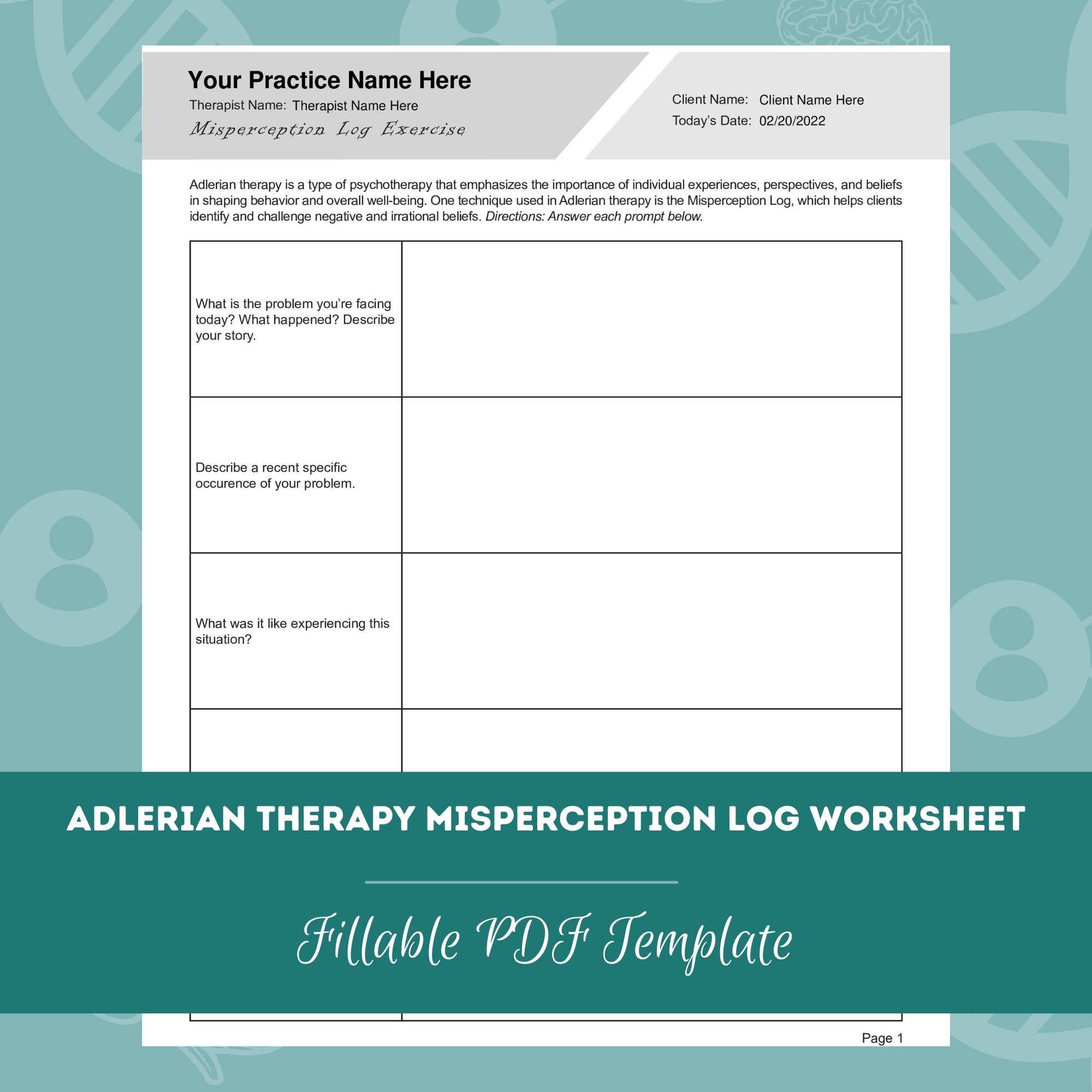 Adlerian Therapy Misperception Log Worksheet | Editable / Fillable PDF ...