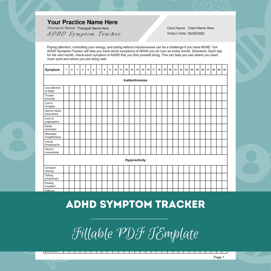 ADHD Symptom Tracker Worksheet | Editable / Fillable PDF | for ...