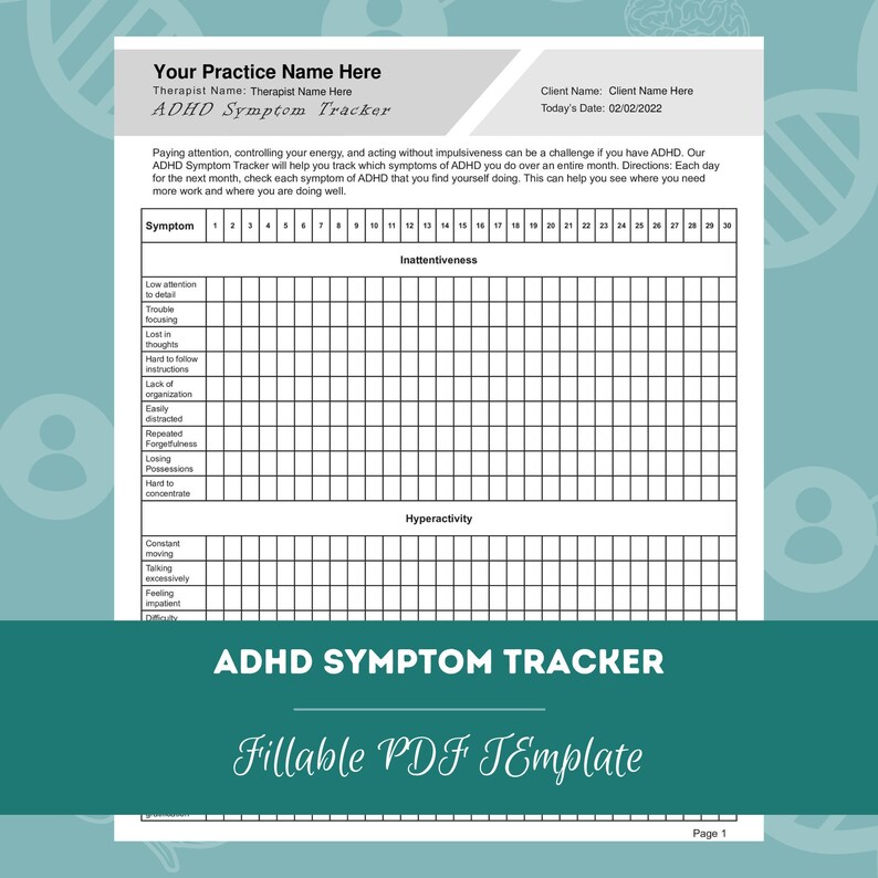 ADHD Symptom Tracker Worksheet | Editable / Fillable PDF | for ...