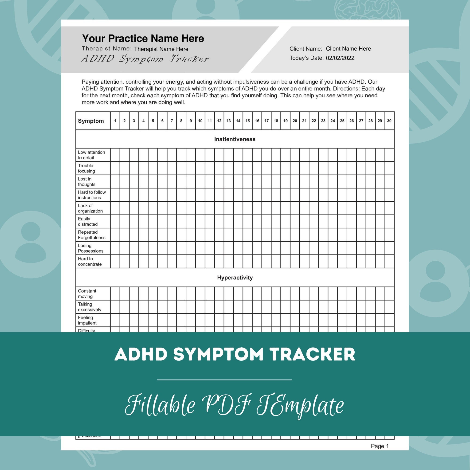 ADHD Symptom Tracker Worksheet | Editable / Fillable PDF | for ...