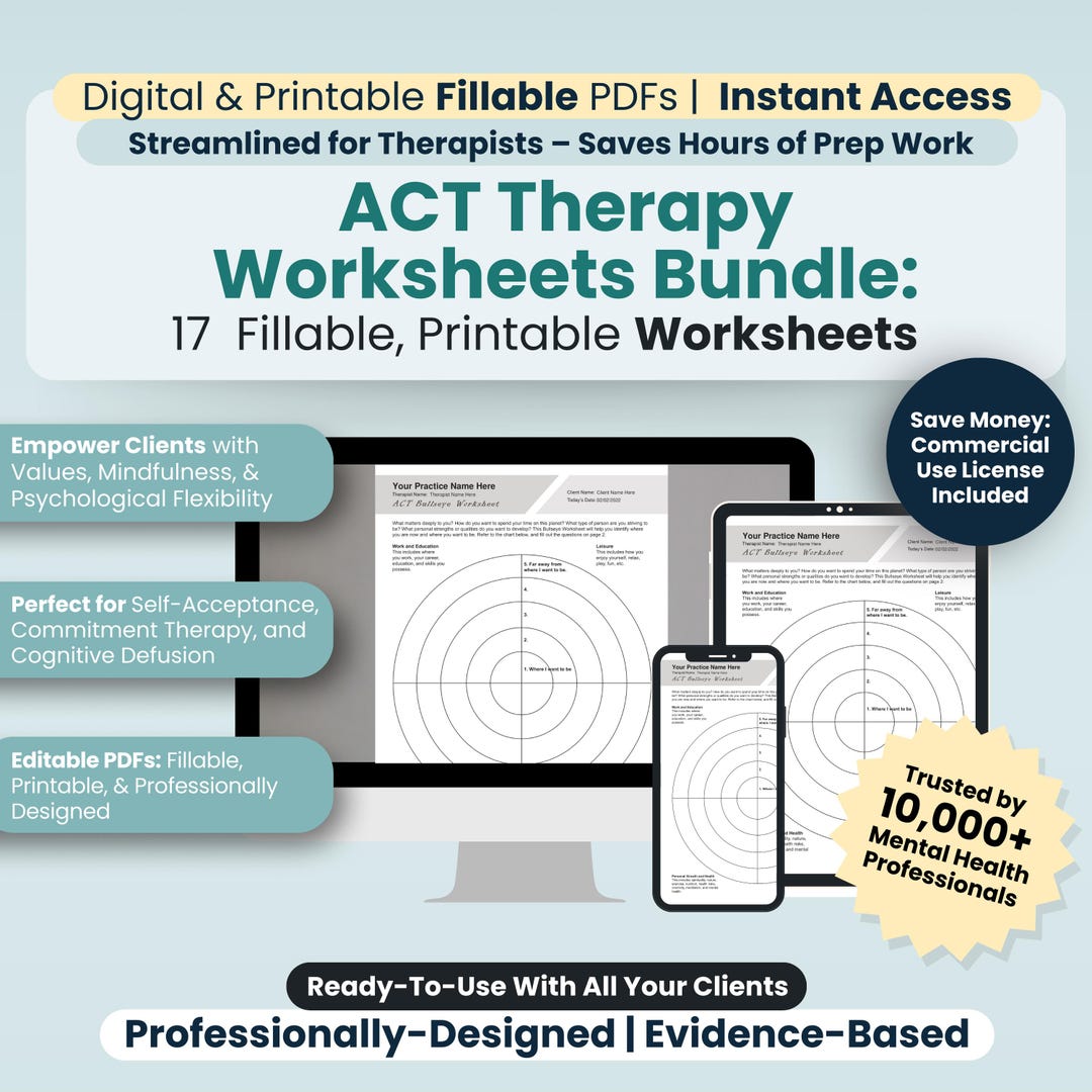 ACT Therapy Worksheets Bundle, 17 Fillable/printable PDF Templates ...