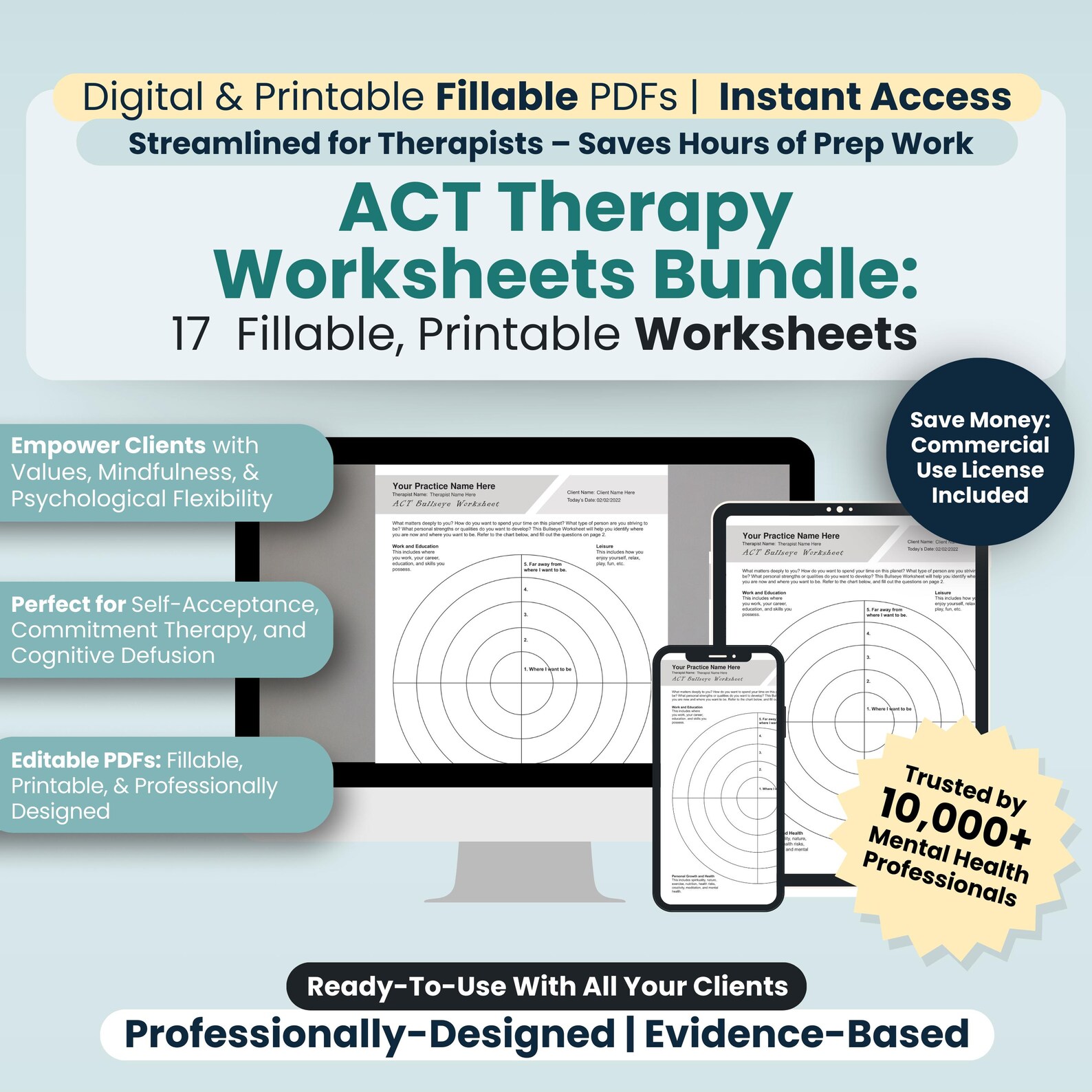 ACT Therapy Worksheets Bundle, 17 Fillable/printable PDF Templates ...