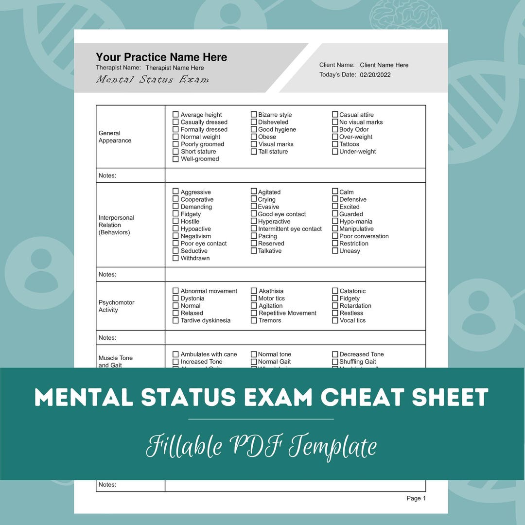 Mental Status Exam Cheat Sheet, MSE Cheat Sheet, Fillable/printable PDF ...